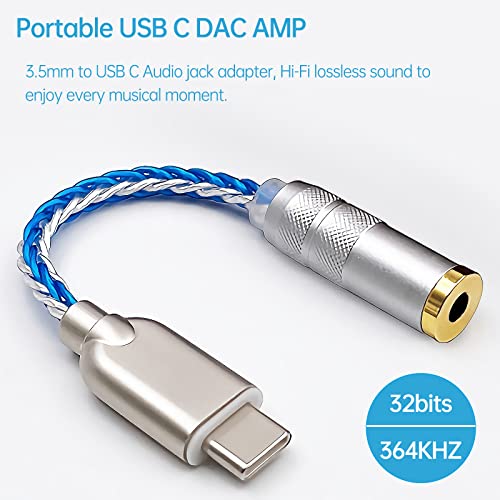Portable Headphone Amplifier USB Type C to 3.5mm Adapter DAC ALC5686 32bits/384KHz Headset Amp for Samsung Android iOS Windows Mac OS X System Smartphone PC Laptop S22 S20+ S20 Ultra - Blue Sliver