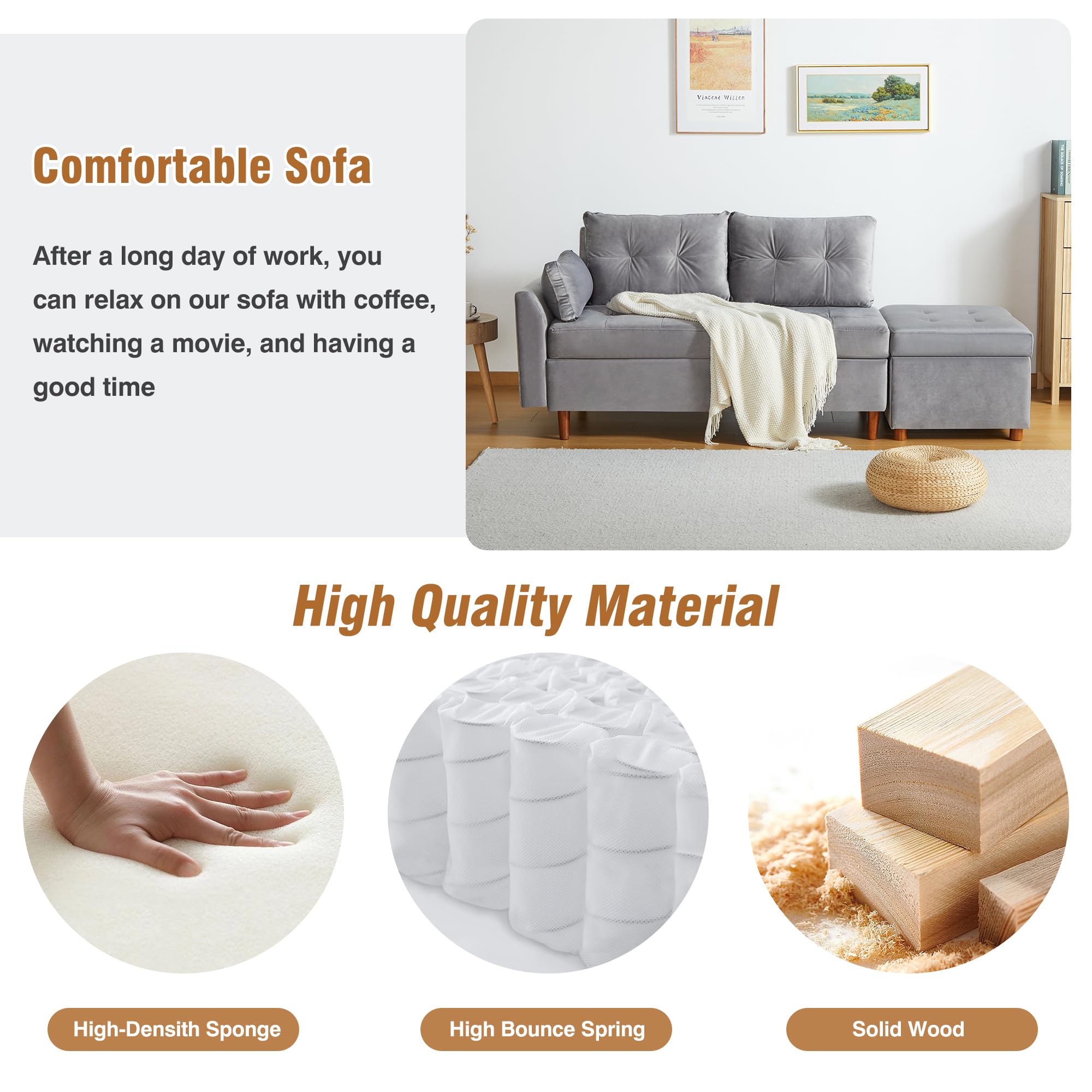 LEVNARY Sectional Sofa Chaise, L-Shaped Loveseat Couch with Storage Ottoman, Velvet Comfy Upholstered Sleeper Sofa Chaise Lounge for Living Room, Office, Apartment, Home (Gray)