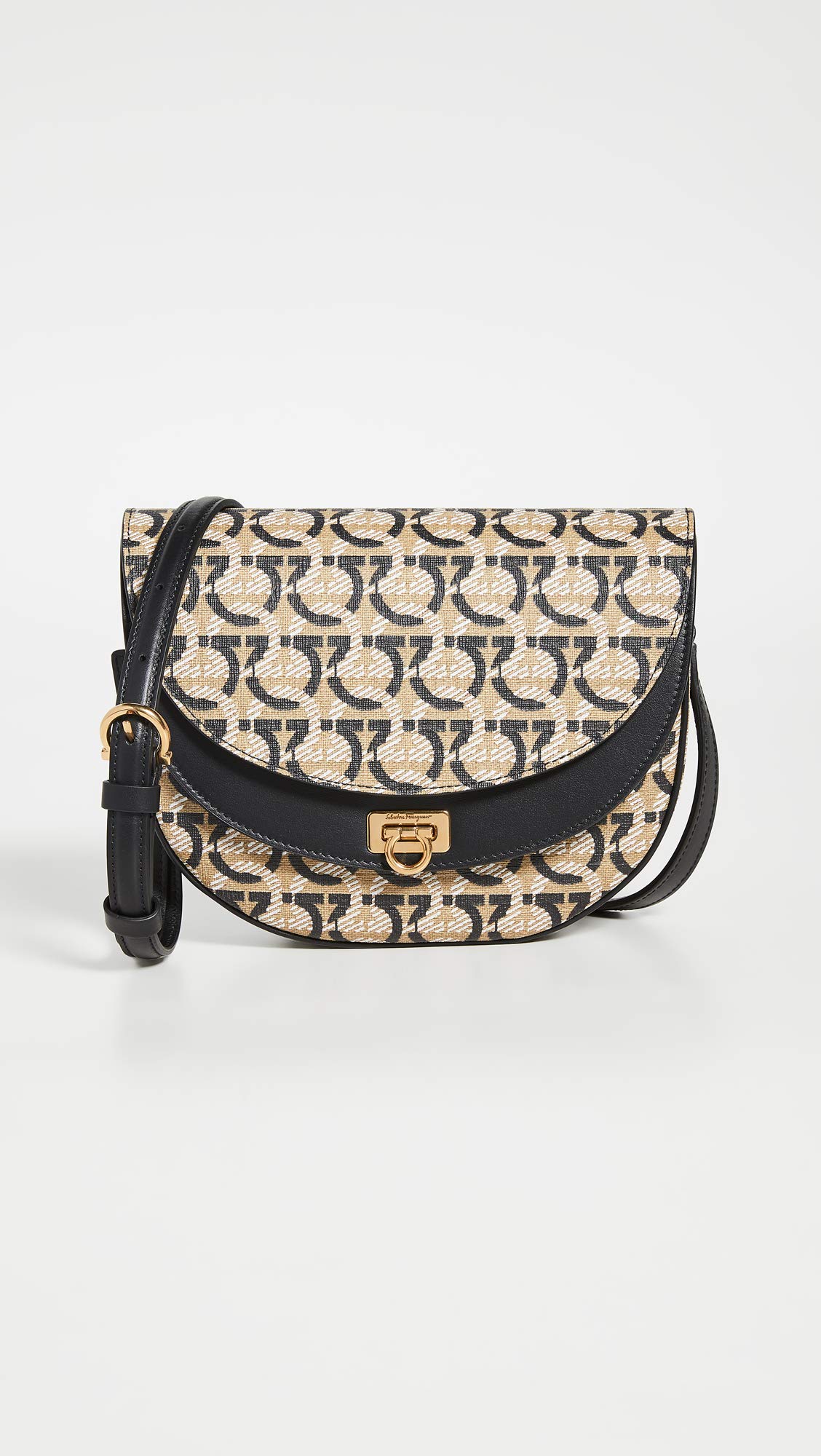 Salvatore Ferragamo Women's Ferragamo Traveler Saddle Bag, Gancini Sand/Foster Nero, Black, Print, One Size