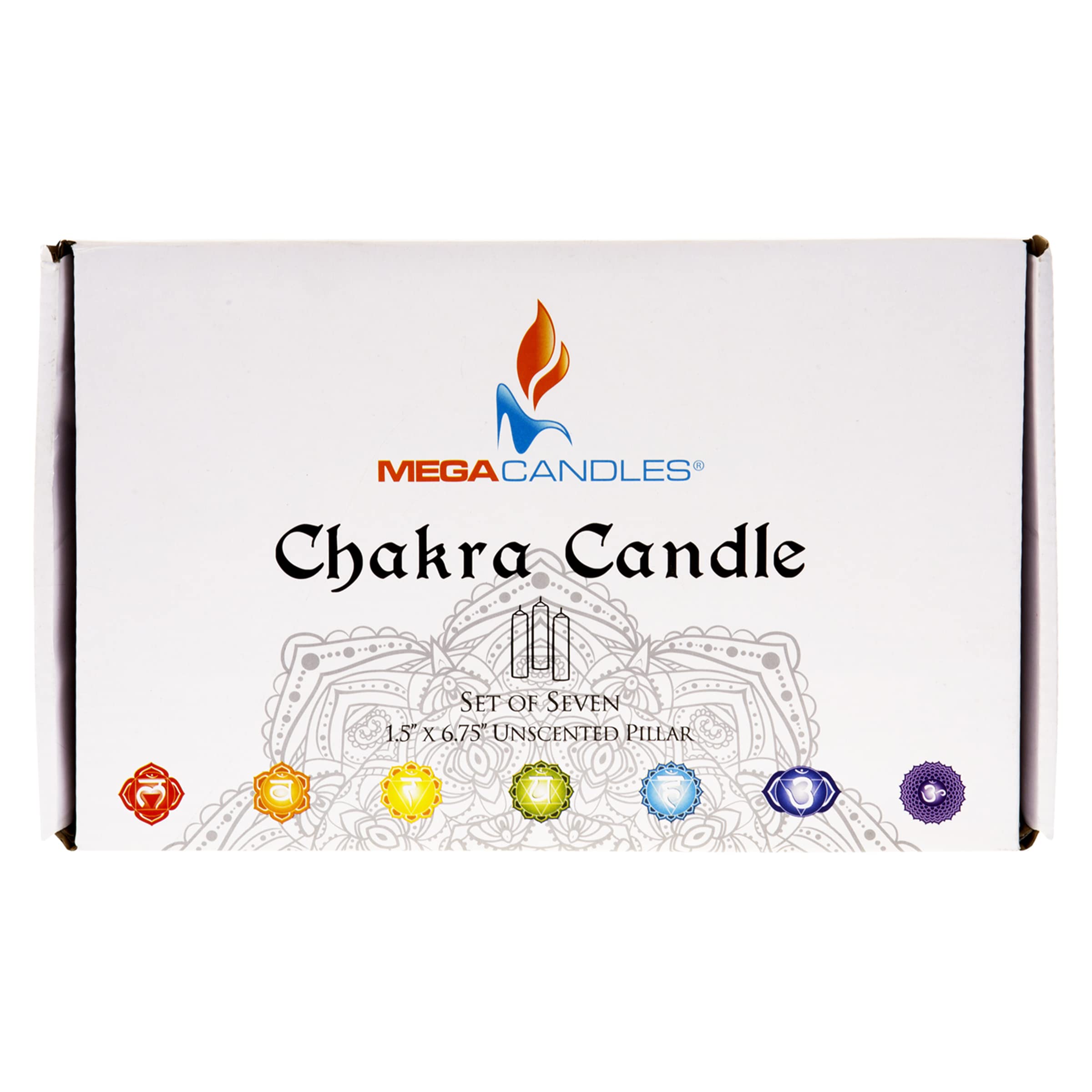 Mega Candles 7 pcs Unscented Chakra Bell Top Pillar Candle, Hand Poured Premium Wax Candles 1.5 Inch x 6.75 Inch, Cotton Wick, Promotes Positive Energy, Aids Meditation & Relaxation
