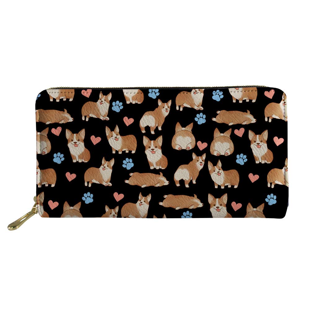 Showudesigns Women Wallet Cute Heart Dog Letters Long Wallet Coin Purse Card Holders Zipper Clutch Handbag for Ladies Teen Girls Corgi Black
