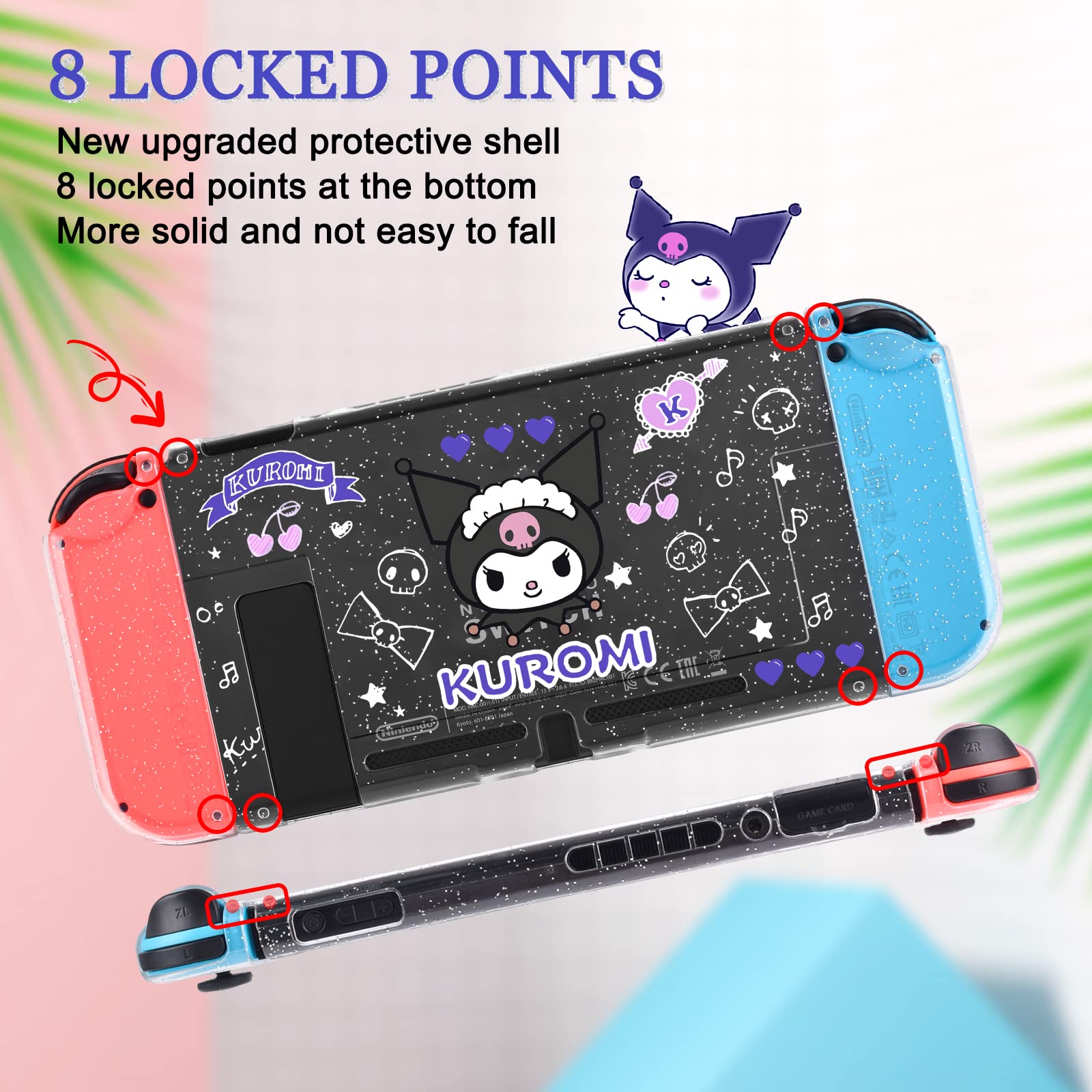 DLseego Little Troublemaker Rabbit Glitter Switch Protective Case Demon Clear Dockable Anti-Scratch Hard Shell Soft TPU Shock-Absorption Joy Con Cover with 2PCS Cute Cartoon Thumb Grips Caps