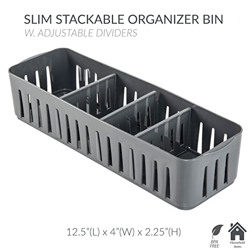 Simplify 2 Pack 4 Compartment Stackable Bin with Adjustable Dividers | Drawer Organizer | Storage Basket | Good for Office | Desk Supplies | Dorm |Bathroom | Accessories | Make Up | Grey