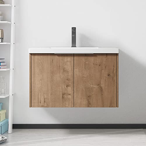 Pvillez Bathroom Vanity with Sink Combo, Floating Vanity Cabinet 30 Inch, Bathroom Vanities, Modern Wall Mounted Concrete Bath Vanity Set with Porcelain Top Storage Cabinet (Imitative Oak 2)