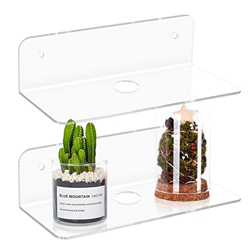FAZMoss Acrylic Floating Wall Shelves Set of 2, 9 Inch Acrylic Wall Shelf for Gaming Room, Living Room, Bedroom, Bathroom, Office, with Cable Clips - 2 Types of Installation (Transparentt)