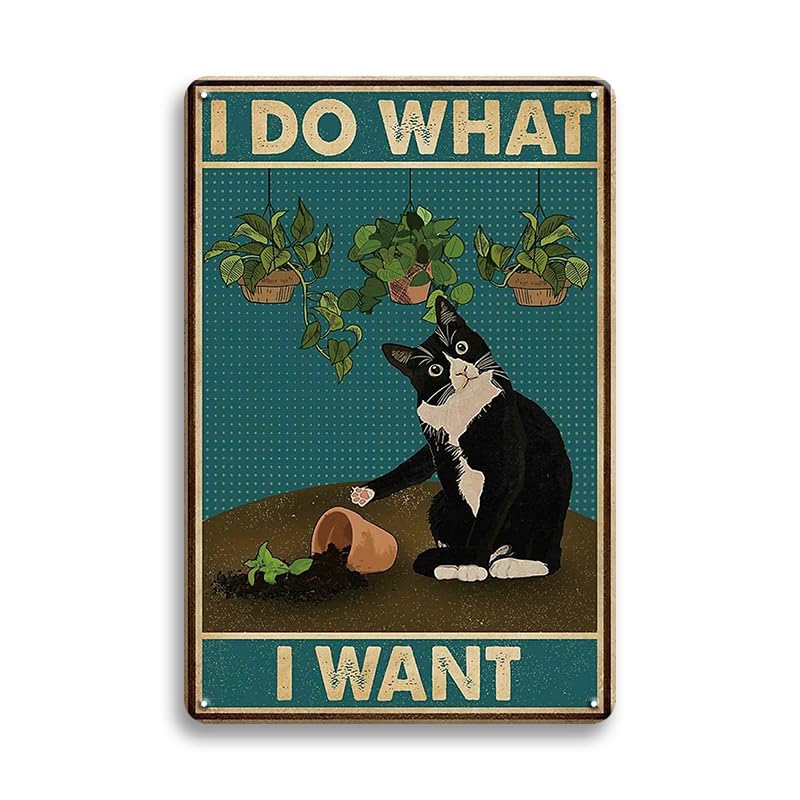 YOYI ART Metal Tuxedo Cat Decor Sign - I Do What I Want, Vintage Tin Cat Signs for Patio, Porch, Home, Garden, Bedroom, Women Cave and Yard Wall Decor Art, Gifts for Women and Cat Lover, 8 x 12 inch