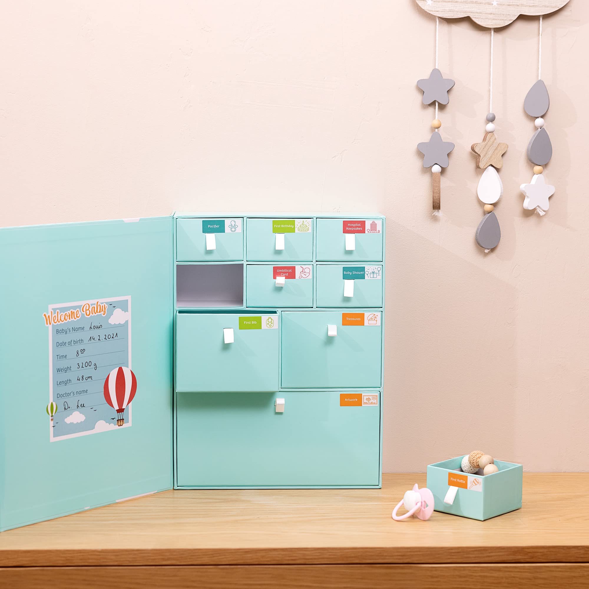Navaris Baby Keepsake Box - Baby Memory Box for Keepsakes - Storage with 9 Drawer Compartments for Boy or Girl 13" x 10" x 7.1" - Hot Air Balloons