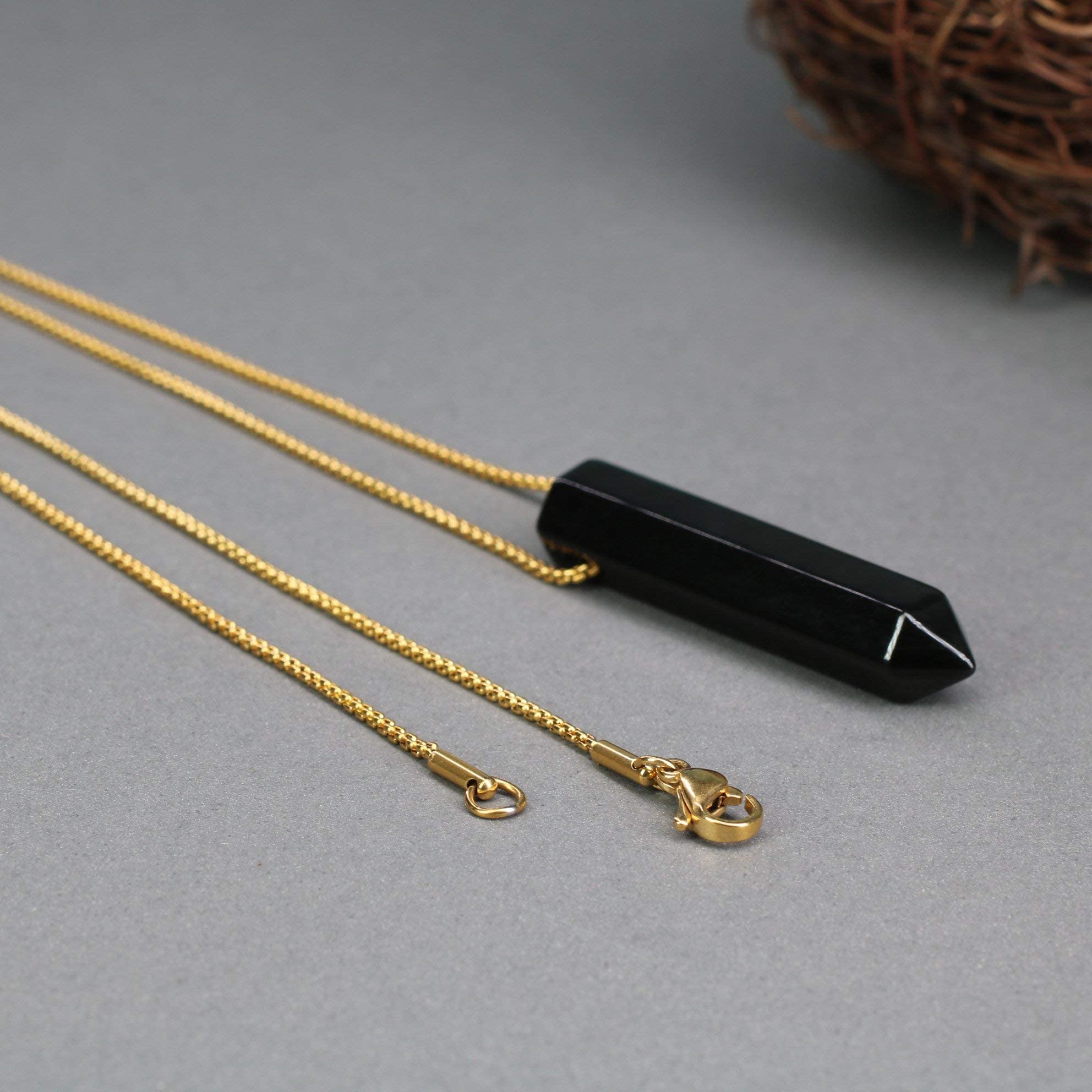 COAI Gemstone Black Obsidian Genuine Stone Hexagonal Pointed Pendant Necklace