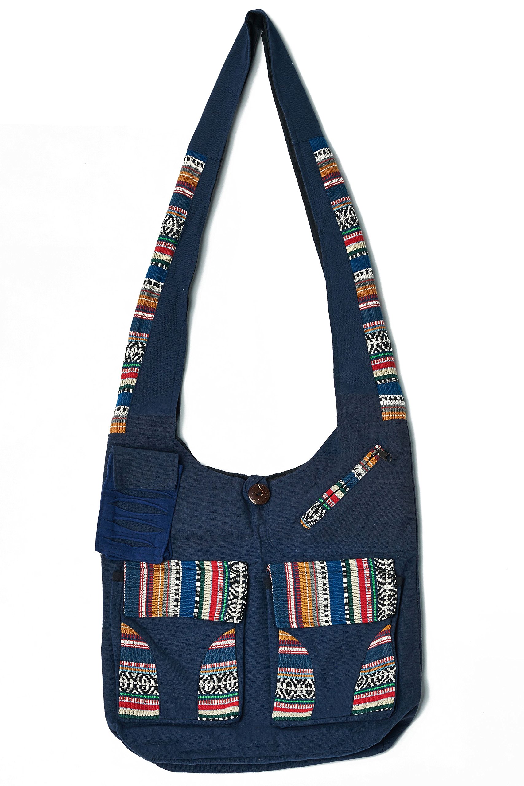 Navy Blue Cross Body Shoulder Bag with Woven Tribal Accent Design Large