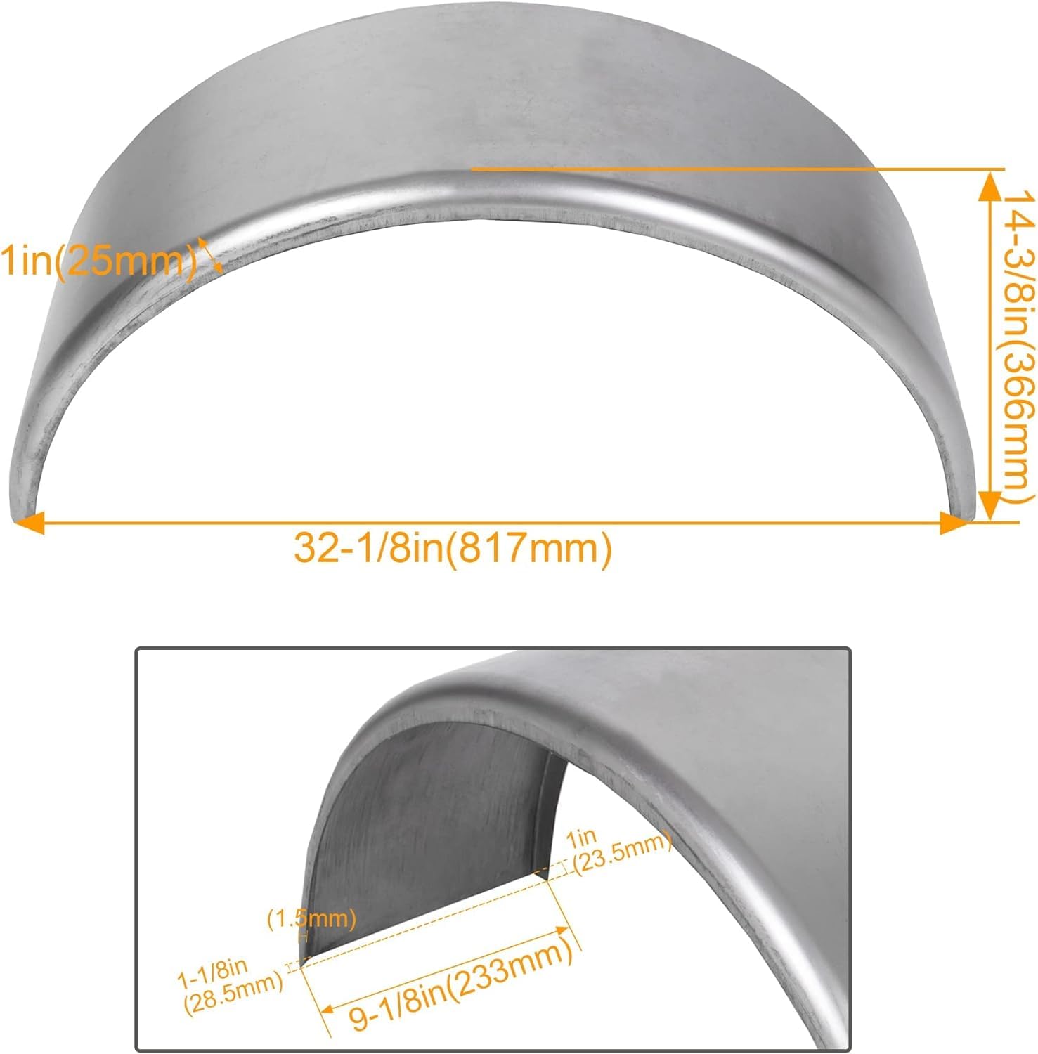 HECASA Steel Round Single Axle Trailer Fenders and Fender Backs Fits 14” to 16” Wheels - 32” x 9” x 15” (2Pcs)
