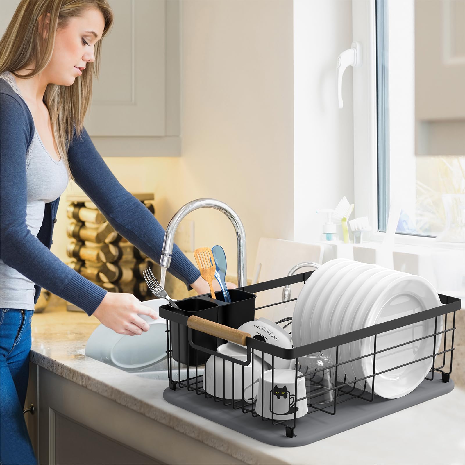 Dish Drying Rack with Diatomaceous Earth Dish Drying Mat for Kitchen Counter,15.7x11.8 inch Absorbent Non-Slip Diatomite Dish Drying Mat with Cutlery Holder(Grey)