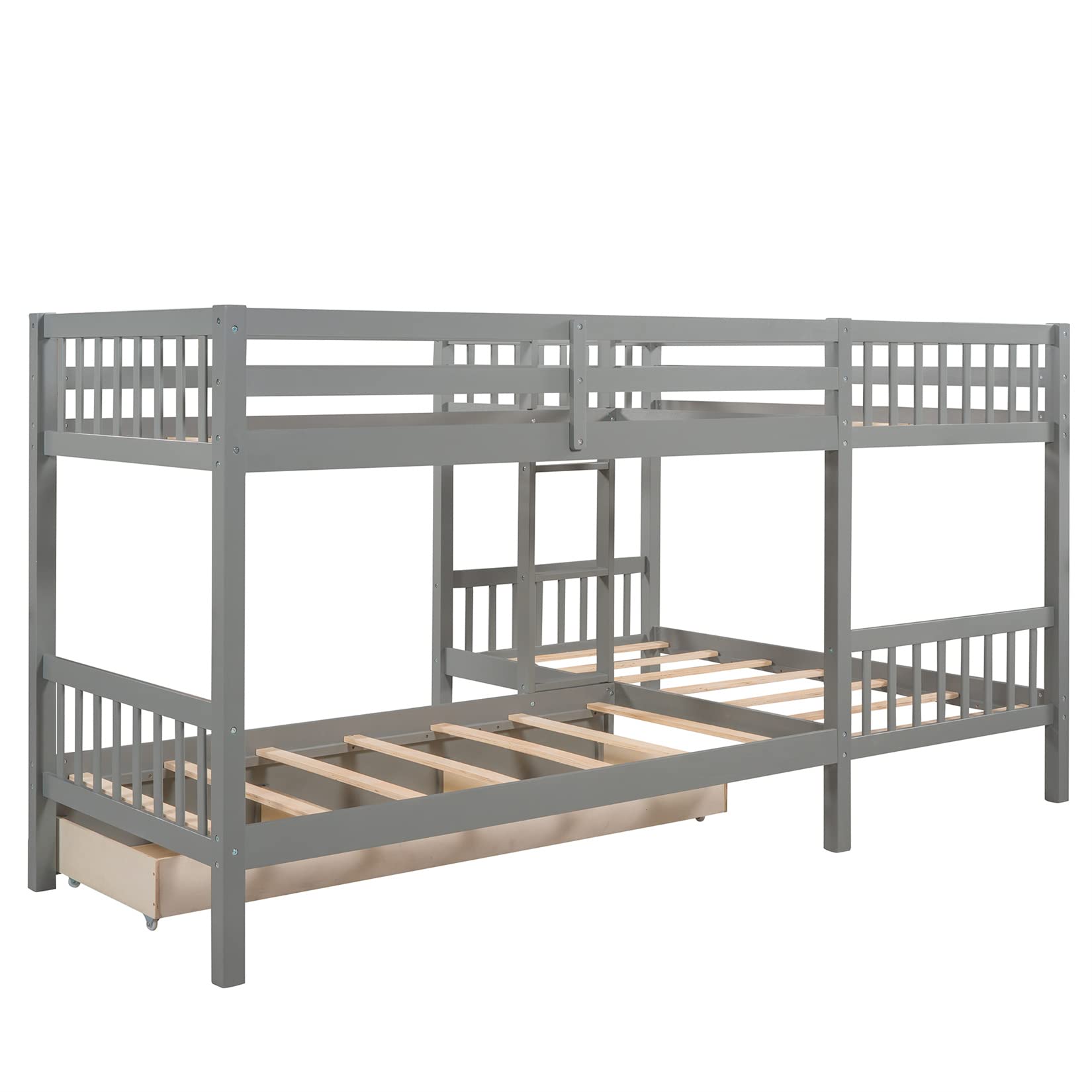 L-Shaped Bunk Bed with Drawers, Bunk Bed for 4 Twin Over Twin for Boys Girls Kids Teen Wood Quad Bunk Beds Frame, Gray