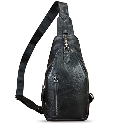 FEIGITOR Genuine Leather Sling Bag Retro Crossbody Sling Backpack Handmade Chest Shoulder Bag Daypack Purse Fanny Pack (Black)