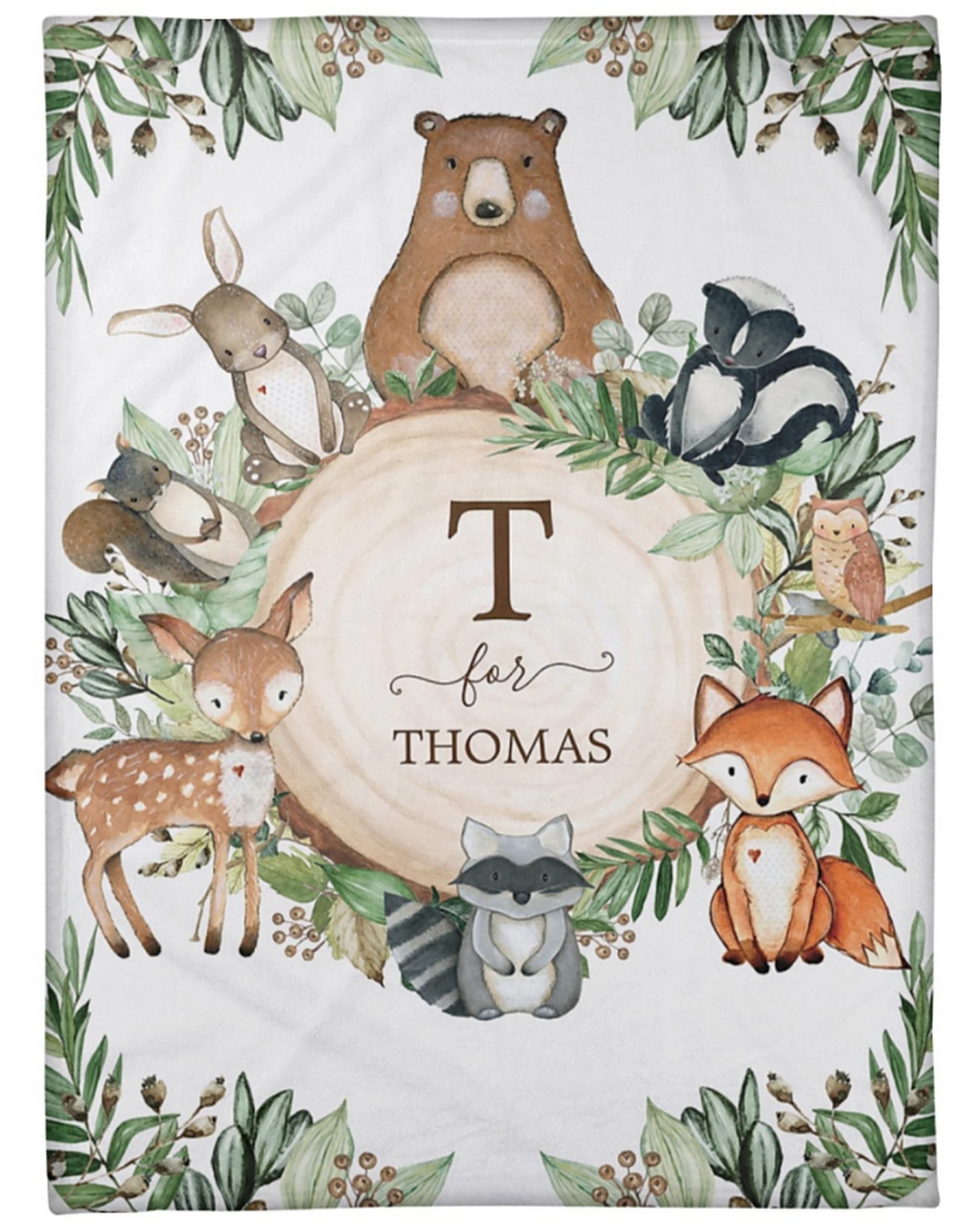 NAZENTI Woodland Blanket, Personalized Baby Girl Blanket, Rustic Botanical Woodland Baby Animals Monogram Baby Blanket, Baby Boy Blanket, (30x40, 50x60, 60x80 Inches)