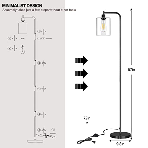 QiMH Industrial Floor Lamp for Living Room, Modern Standing Lamp with HD Glass Lampshade and Pedal Switch, 67β Tall Pole Light for Bedroom Study Room, Black (2700K LED Bulb Included)