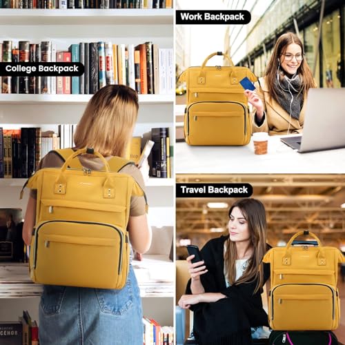 LOVEVOOK Laptop Backpack Women Teacher Backpack Nurse Bags, 15.6 Inch Womens Work Backpack Purse Waterproof Anti-theft Travel Back Pack with USB Charging Port (Yellow)