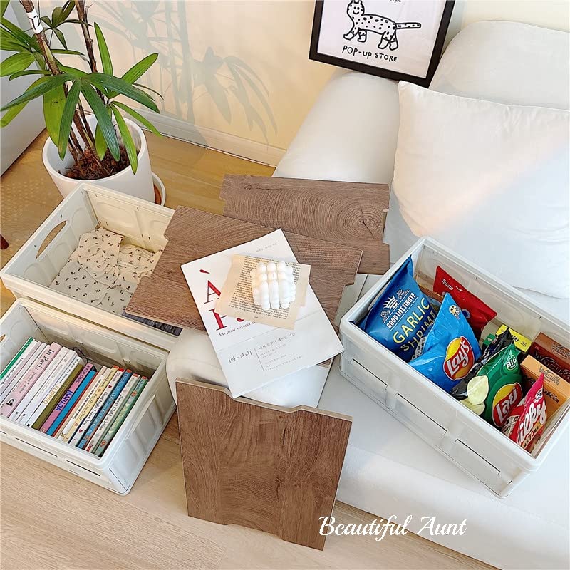 CIROANNELISE Collapsible Storage Bins, 30 Quart Plastic Storage Crates with Wooden Lid, Folding Plastic Stackable Utility Crates with Strengthened Wall, Dormitory, Car,Office (White)