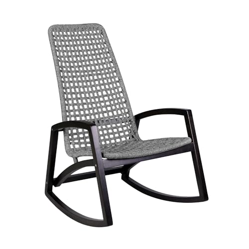 HomeStock Art Deco Dreams Outdoor Patio Rocking Chair in Dark Eucalyptus Wood and Grey Rope