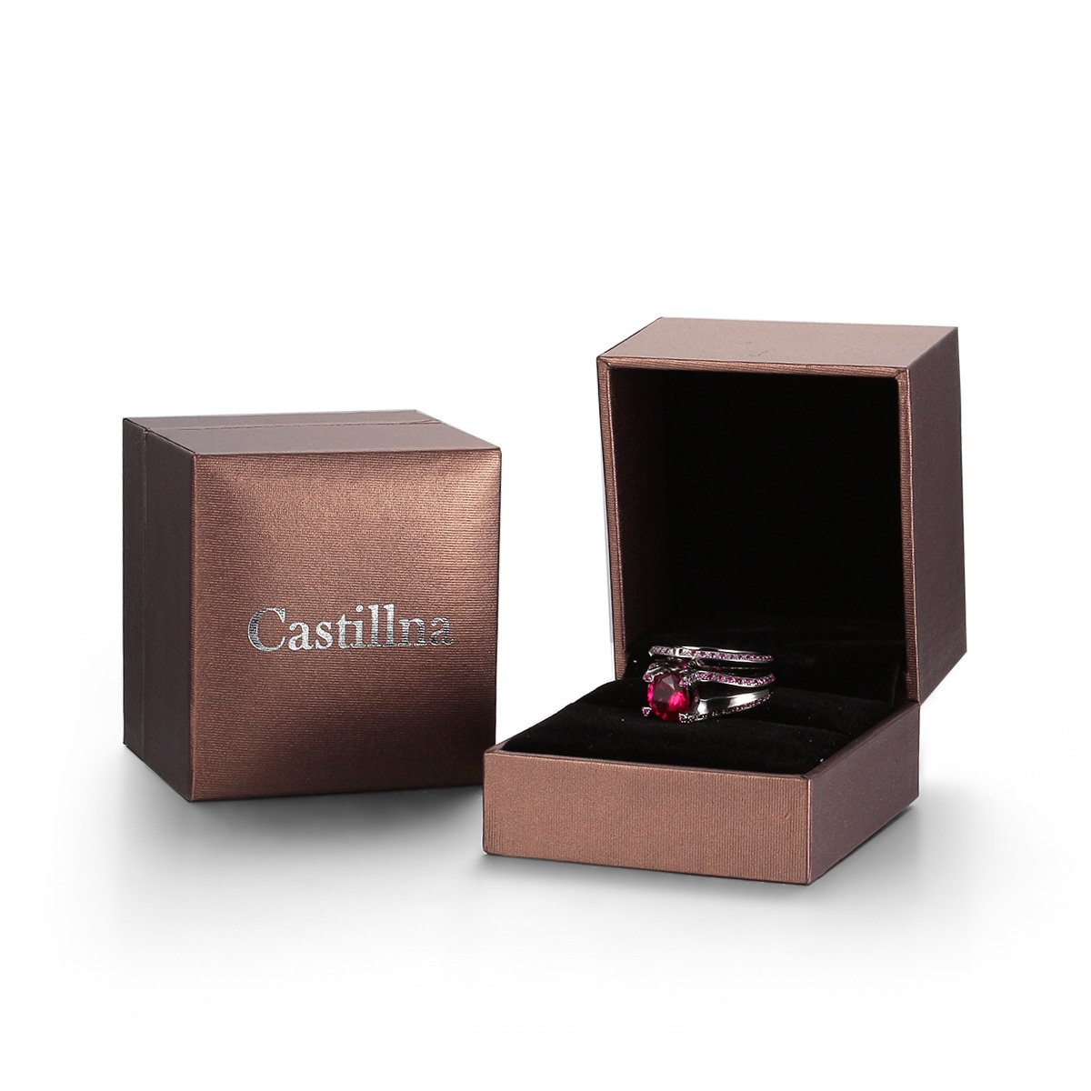 Castillna Black Rhodium Plated 925 Sterling Silver Created Pink Sapphire Engagement Wedding Ring Set