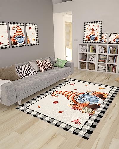 Thanksgiving Plaid Area Rug 2'7"x5',Outdoor Indoor Small Carpet Runner for Girls Boys Bedroom,Living Room,Bathroom,Classroom,Office,Kitchen,Washable Area+Rug Buffalo Check Gnome Pumpkins Black Beige