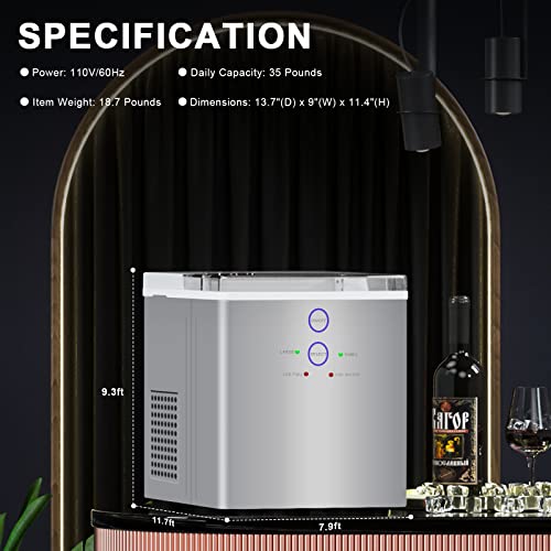 Ice Maker Countertop - 35Lbs/24H Auto Self-Cleaning, 18 Bullect Ice Cubes in 12 Mins, Portable & Compact Ice Maker Machine with Ice Scoop & Baske for Home/Kitchen/Party/Camping,Silver