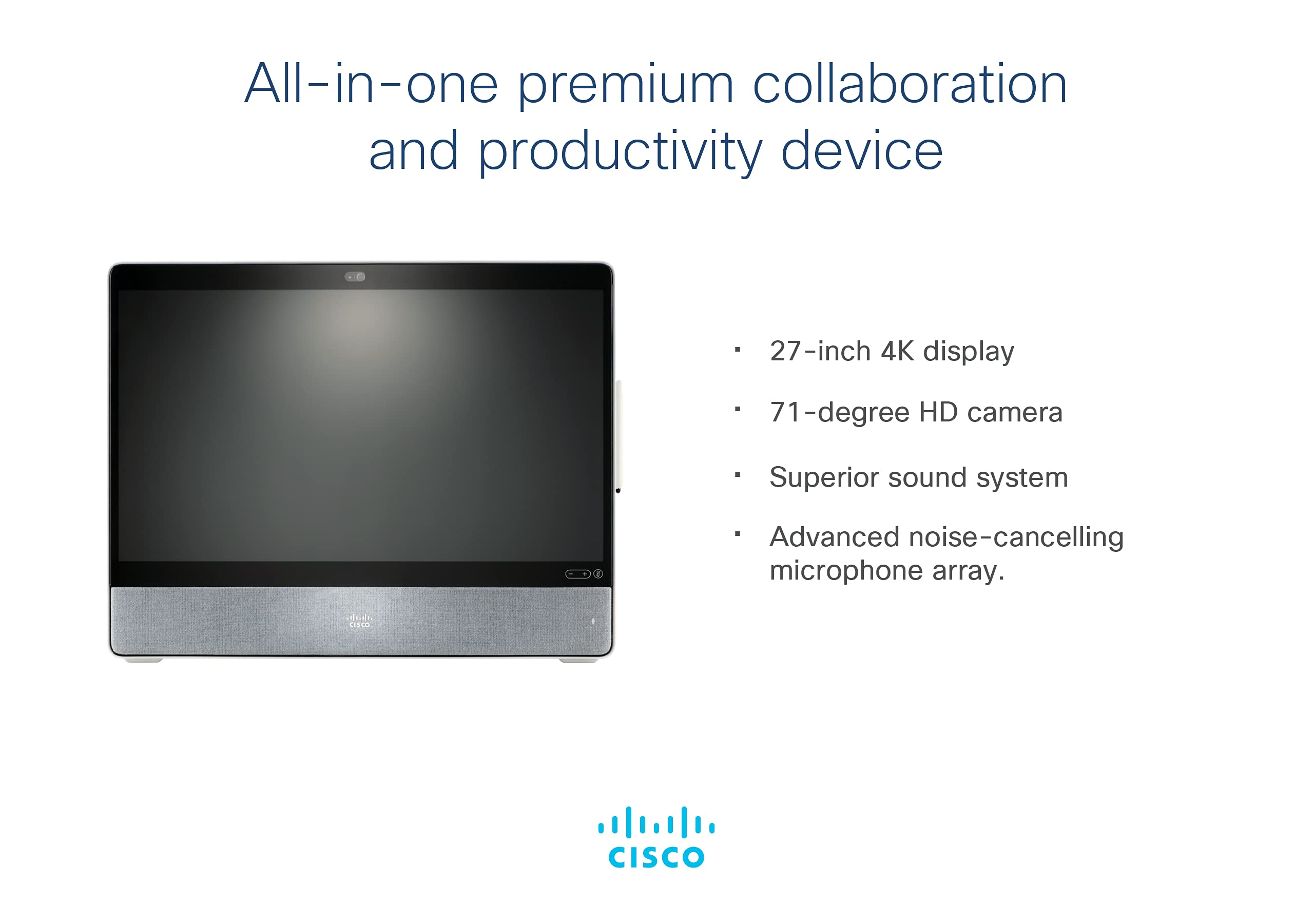 Cisco Webex Desk Pro with 27-inch 4K Screen, 12 MP Video Camera, Noise Canceling Mic, USB-C Docking Connection, 90-Day Limited Liability Warranty (CS-DESKPRO-K9) (Renewed)