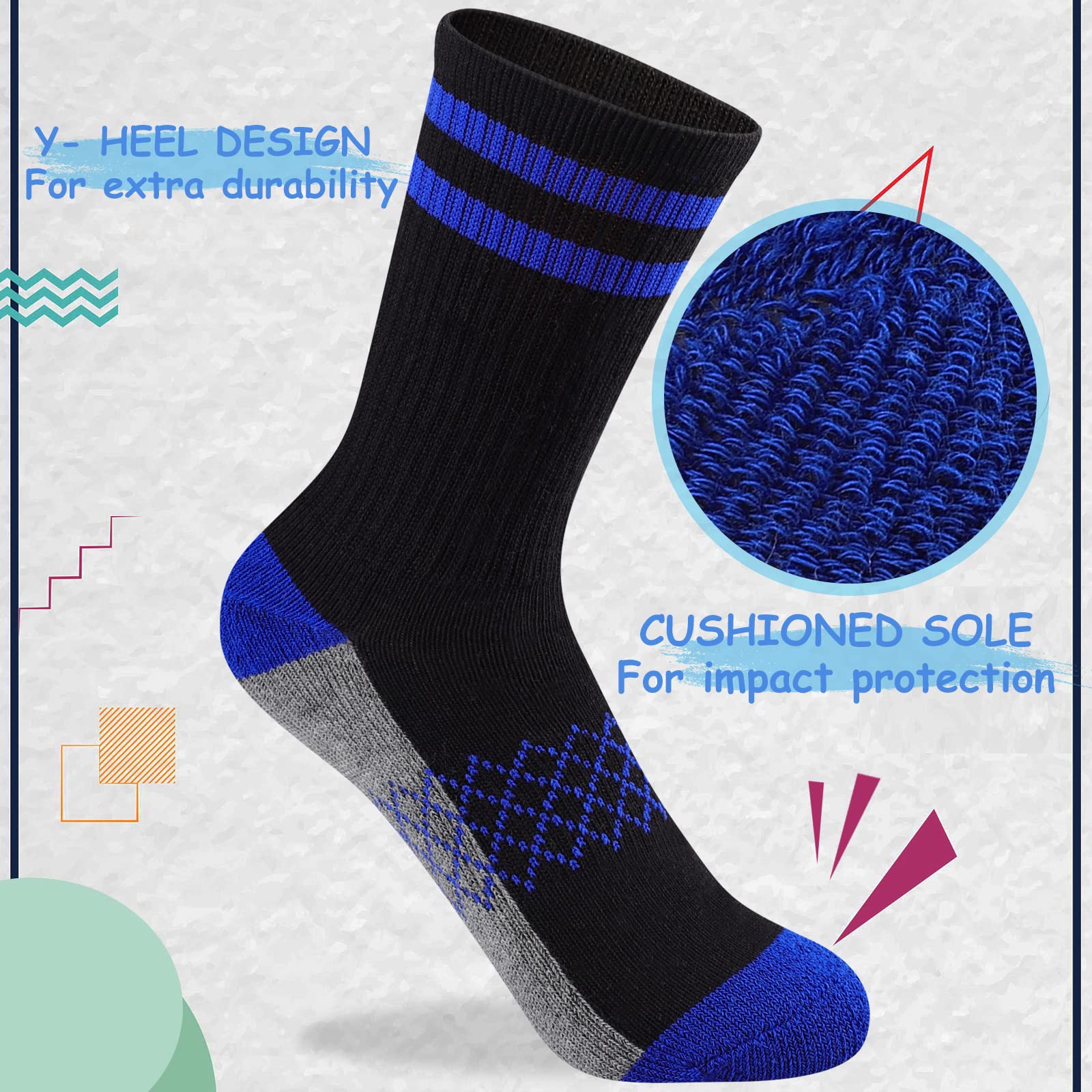 Comfoex Boys Crew Socks 8-10 6-8 4-6 Years Old Athletic Long Cotton Socks For Kids Half Cushioned Calf Socks 6 Pairs