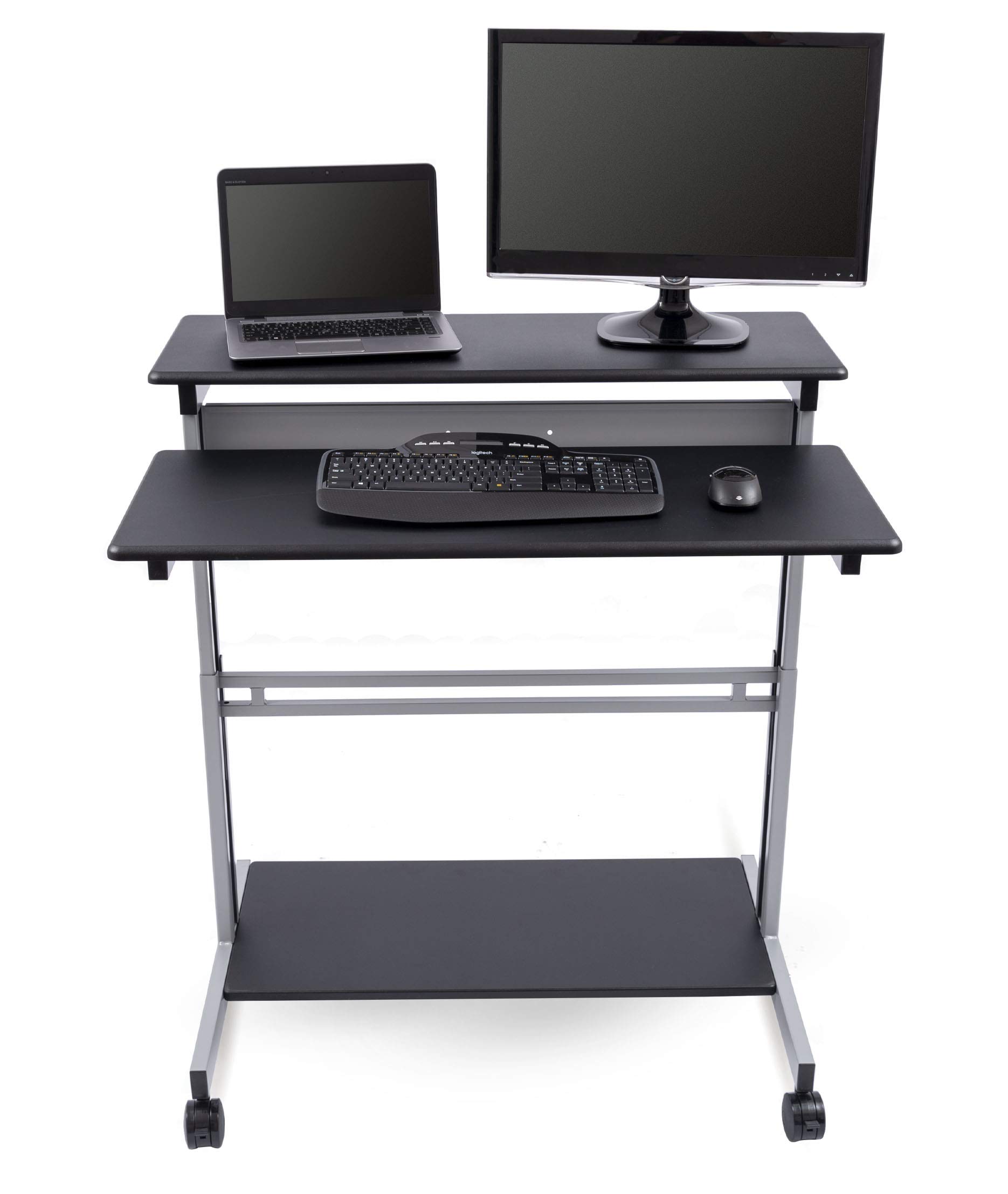 Stand Up Desk Store Rolling Adjustable Height Two Tier Standing Desk Computer Workstation (Silver Frame/Black Top, 40" Wide)