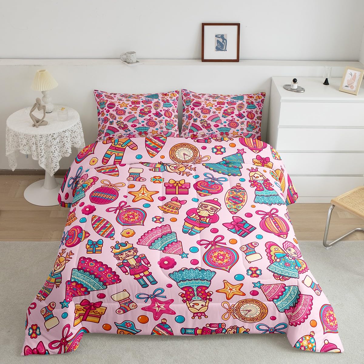 jejeloiu Pink Christmas Bedding Set King Size Xmas Theme Comforter Set for Kids Boys Girls Merry Christmas Tree Comforter Vintage Doll Print Duvet Set Bedroom Quilt Set