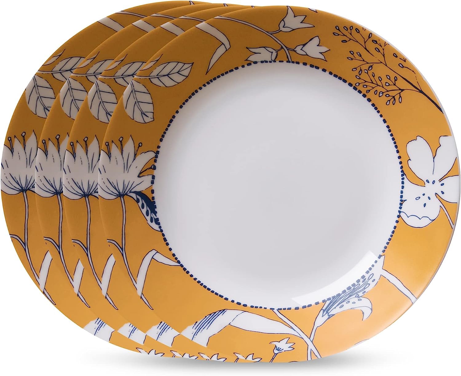 Corelle MilkGlass 4-Piece (23 Oz) 8.5" Pasta Bowl Plate Set, Higher Rimmed Glass Dinnerware For Pasta Salad Meal, Azure Medallion, 1 Count (Pack of 4)
