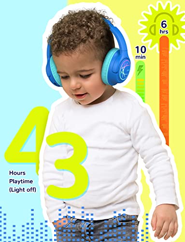 iClever Kids Bluetooth Headphones with LED Lights, BTH18 Safe Volume 74/85/94dBA, 43H Playtime, Stereo Sound, USB-C, AUX Cable, Bluetooth5.3 Over Ear Kids Headphones Wireless for Tablet/Travel, Blue