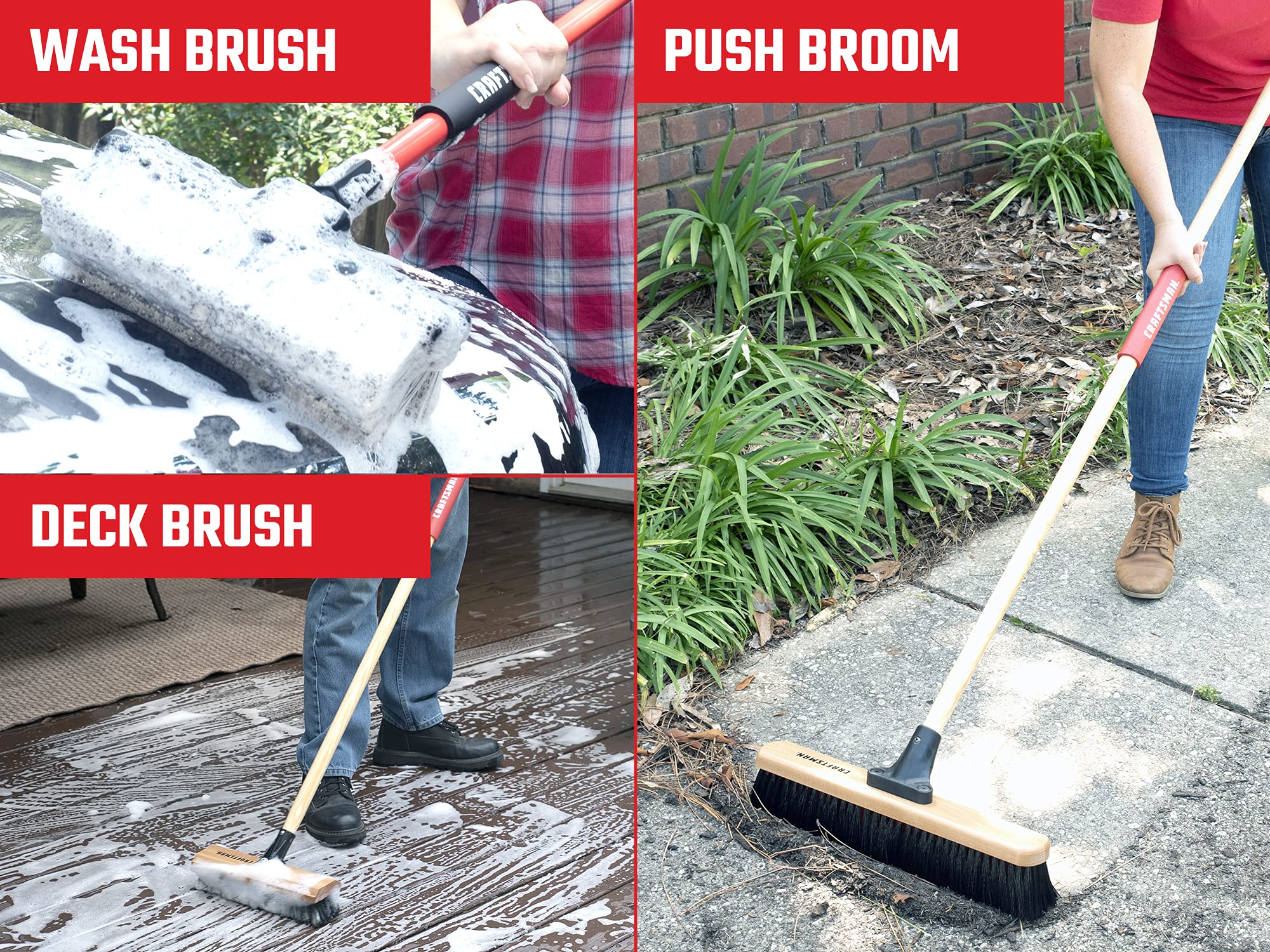 CRAFTSMAN CMXMKIT0080 3-Piece Heavy Duty Cleaning Tool Set with 10 in.All-Surface Wash,12 in. Scrubbing Deck Brush & 18 in. Push Broom, Brown