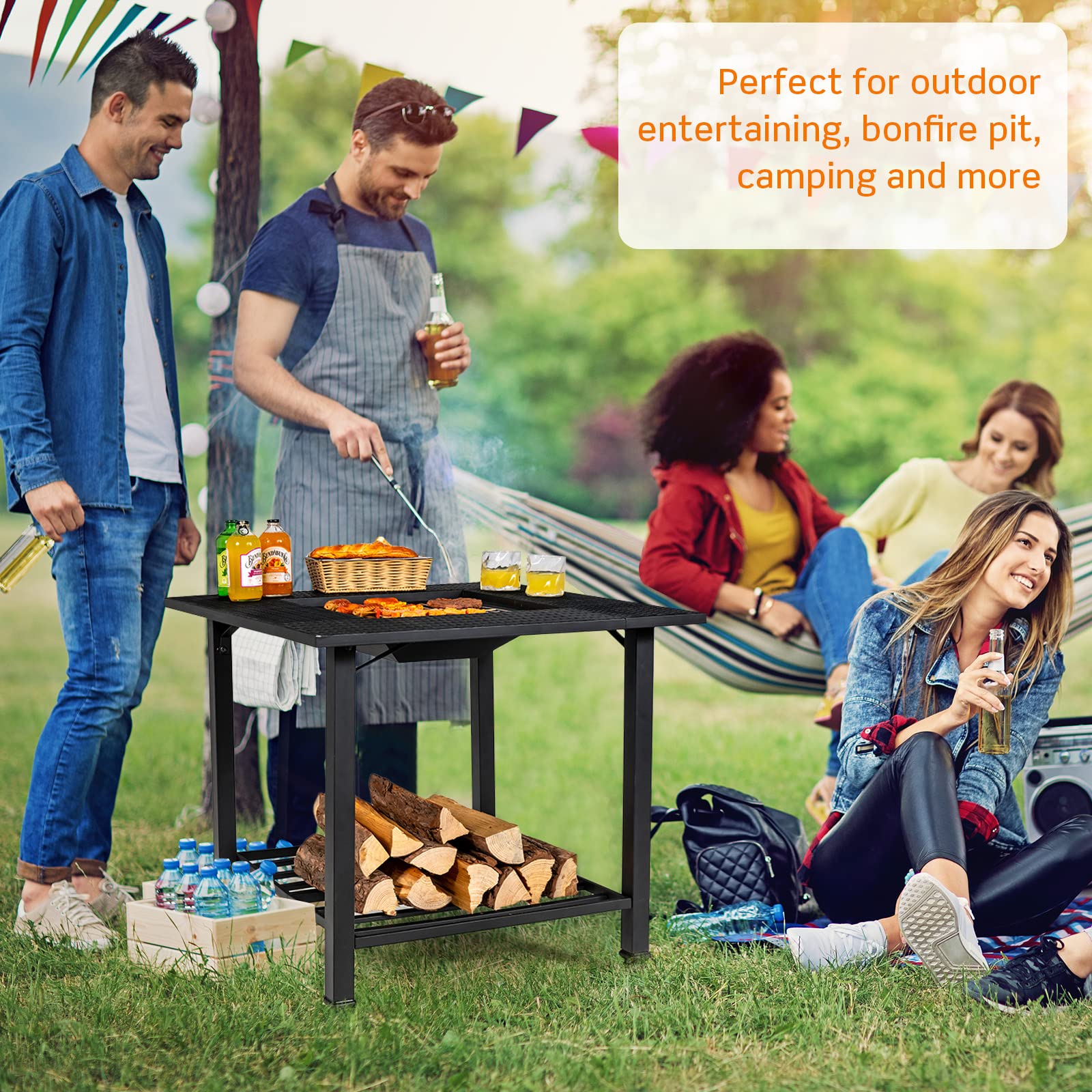 Giantex 4-in-1 Wood Burning Fire Pit, Square Firepit Table with Mesh Cover, Removable Lid, Cooking Grate, Log Grate and Fire Poker, Outdoor Fire Table for Garden Poolside Balcony