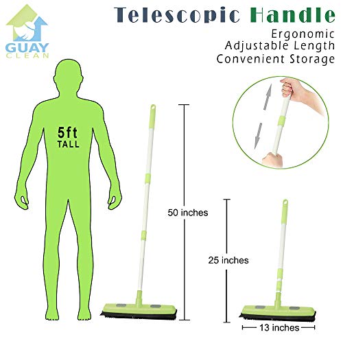 Guay Clean Rubber Push Broom Pet Hair Fur Removal Soft Bristle Sweeper for Carpet and Floor, Squeegee and Grommet for Pads and Towels -Telescopic Pole up to 50 Inches - Blue