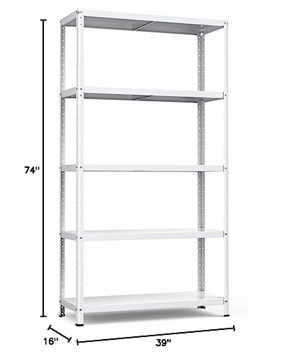 Giantex 5-Tier Storage Shelves, 39 x 16 x 74 Inch Height Adjustable Steel Garage Storage Rack with Foot Pads, Heavy Duty Garage Shelving for Warehouse, Basement, Kitchen, White