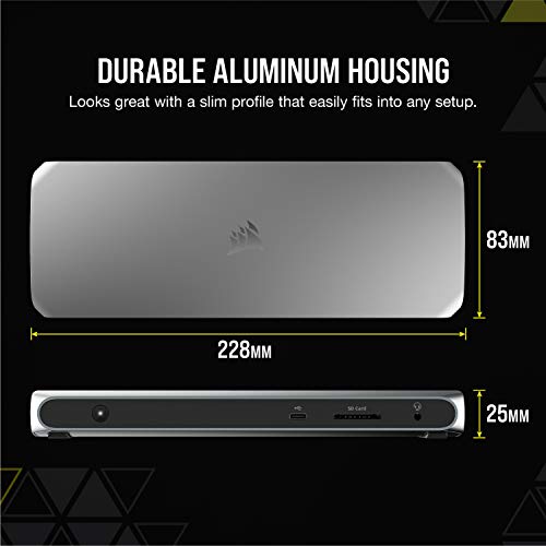 Corsair TBT100 Thunderbolt™ 3 Dock – 85W charging, Dual 4k 60Hz Support, 2x HDMI, 40Gb/s ,USB-C Gen 2 (15W) x2, USB-A 3.1 (7.5W) x2, Gigabit Ethernet – For Mac and PC laptops