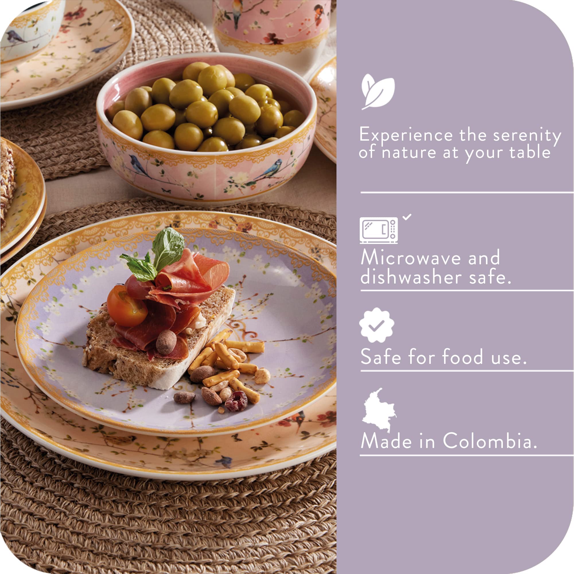 Corona Dinnerware Set 12– piece, Plates and Bowls Set, Ceramic Sets for 4, Microwave and Dishwasher Safe, Susurro Floral and Nature Design