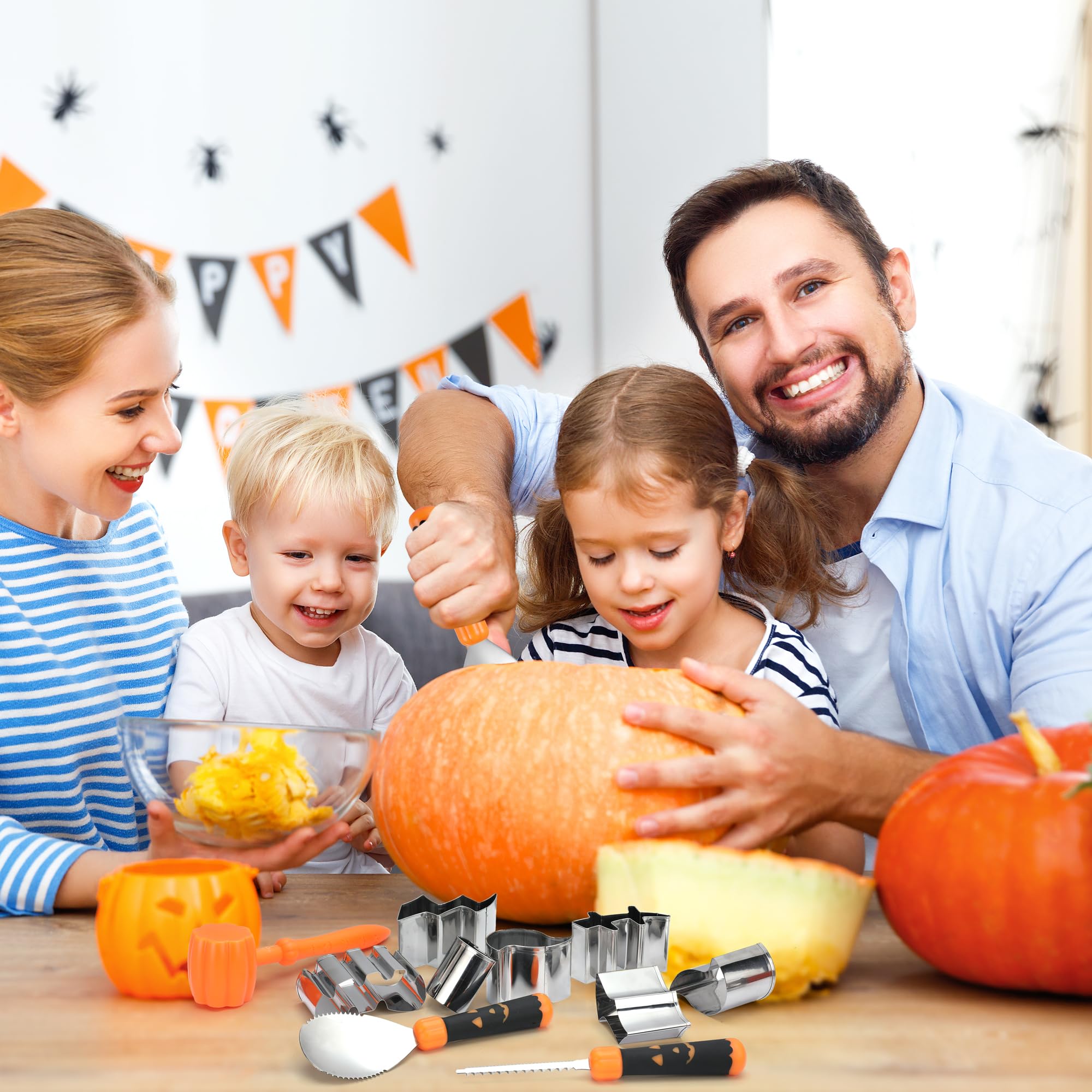 HAUSHOF 24PCS Halloween Pumpkin Carving Kit, Safe and Easy Pumpkin Carving Tools, Stainless Steel Pumpkin Carving Stencils for Halloween Jack-O-Lanterns, With Hammer & Camping Lantern