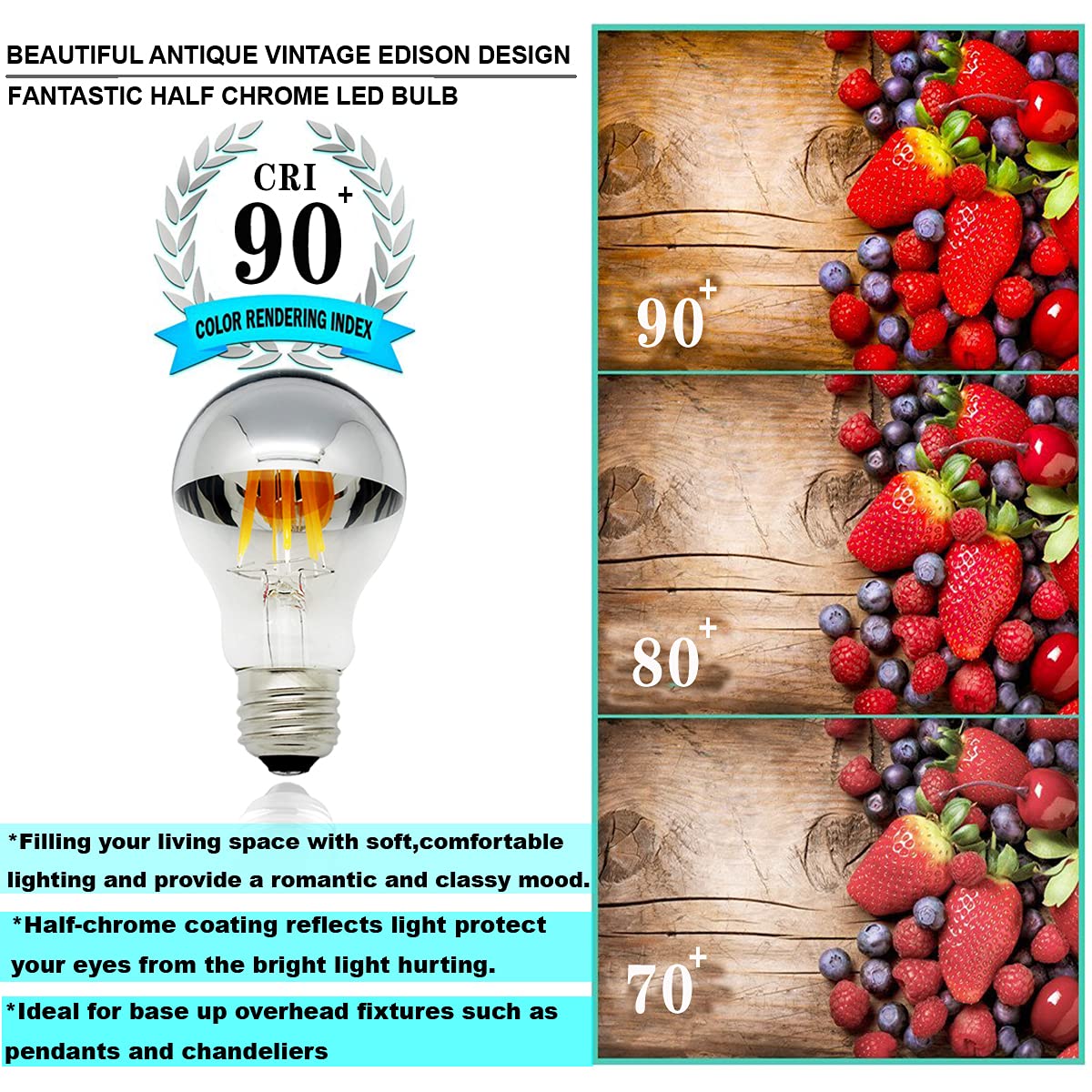 KarlunKoy Half Chrome Light Bulb Dimmable 6W (60W Equivalent) A19 A Shape Decorative LED Edison Bulb Silver Mirror Reflected Light 2700K Warm White E26 Base Pack of 2