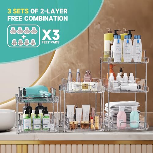 Fulpower 3 Tier Bathroom Organizers with Dividers, Clear Medicine Cabinet Organizer Pull-Out Under Sink Organizers, Multi-Purpose Storage Organizers for Skincare Cosmetic Pantry 2 Pack