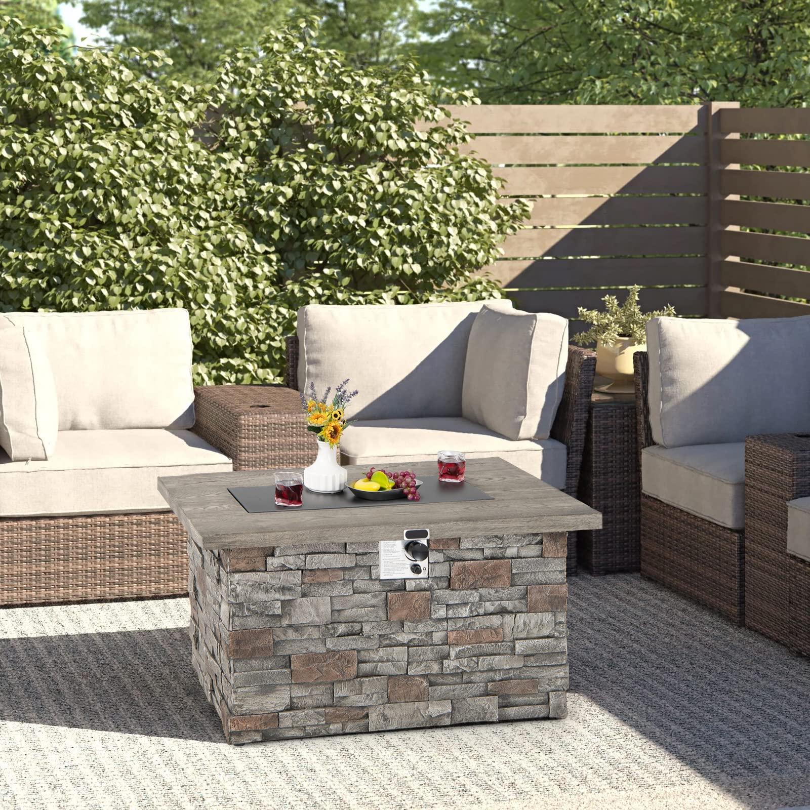 Giantex Propane Fire Pit Table - 2-in-1 Outdoor Rectangle Fire Table W/Volcanic Rock & PVC Cover, Stainless Steel Burner, 50,000 BTU Heat Output, Faux Stone Surface, 43.5β Gas Fire Pits for Outside