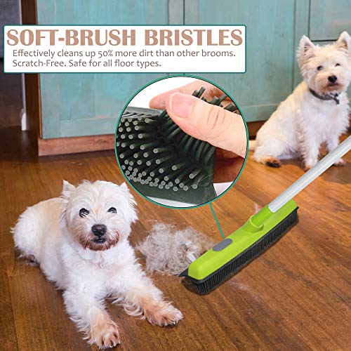 Guay Clean Rubber Push Broom Pet Hair Fur Removal Soft Bristle Sweeper for Carpet and Floor, Squeegee and Grommet for Pads and Towels -Telescopic Pole up to 50 Inches - Blue