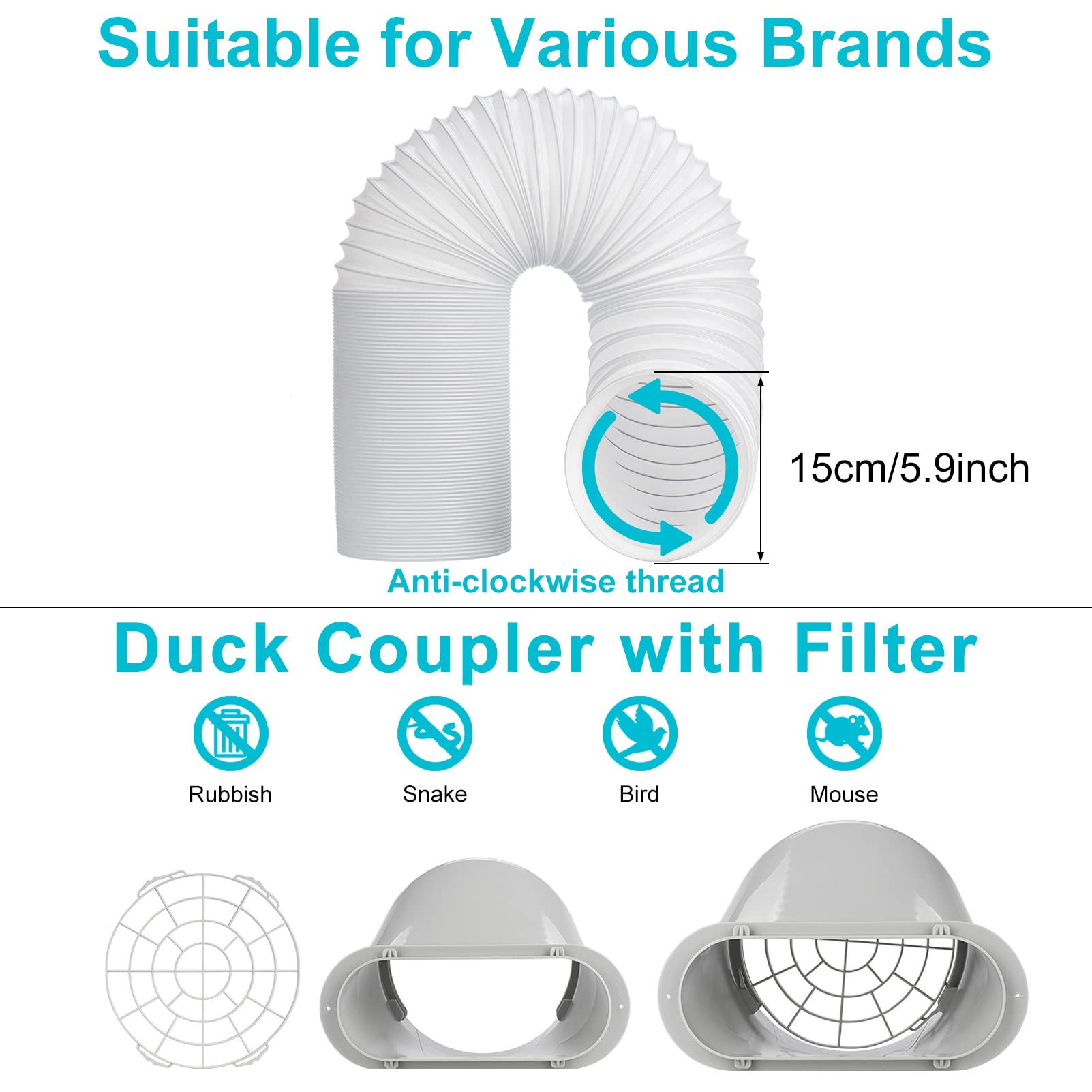 Foancie Portable AC Window Vent Kit with 5.9” Exhaust Hose & Coulper, Universal Window Seal for Portable Air Conditioner, Adjustable AC Duct Kit for Sliding Horizontal & Vertical Windows