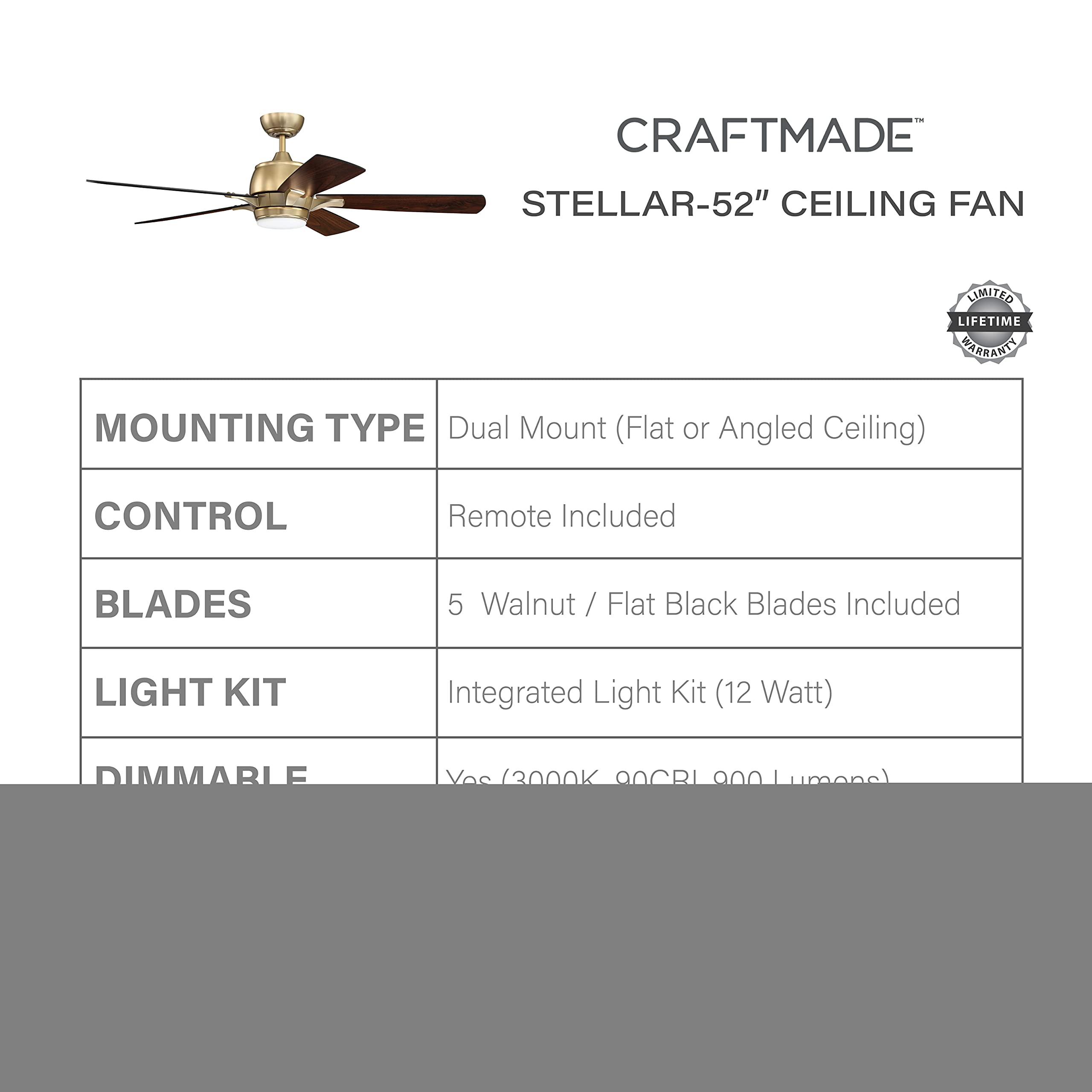 Craftmade STE52SB5-UCI Stellar 52" Ceiling Fan with LED Light and Remote, 5 Blades, Satin Brass