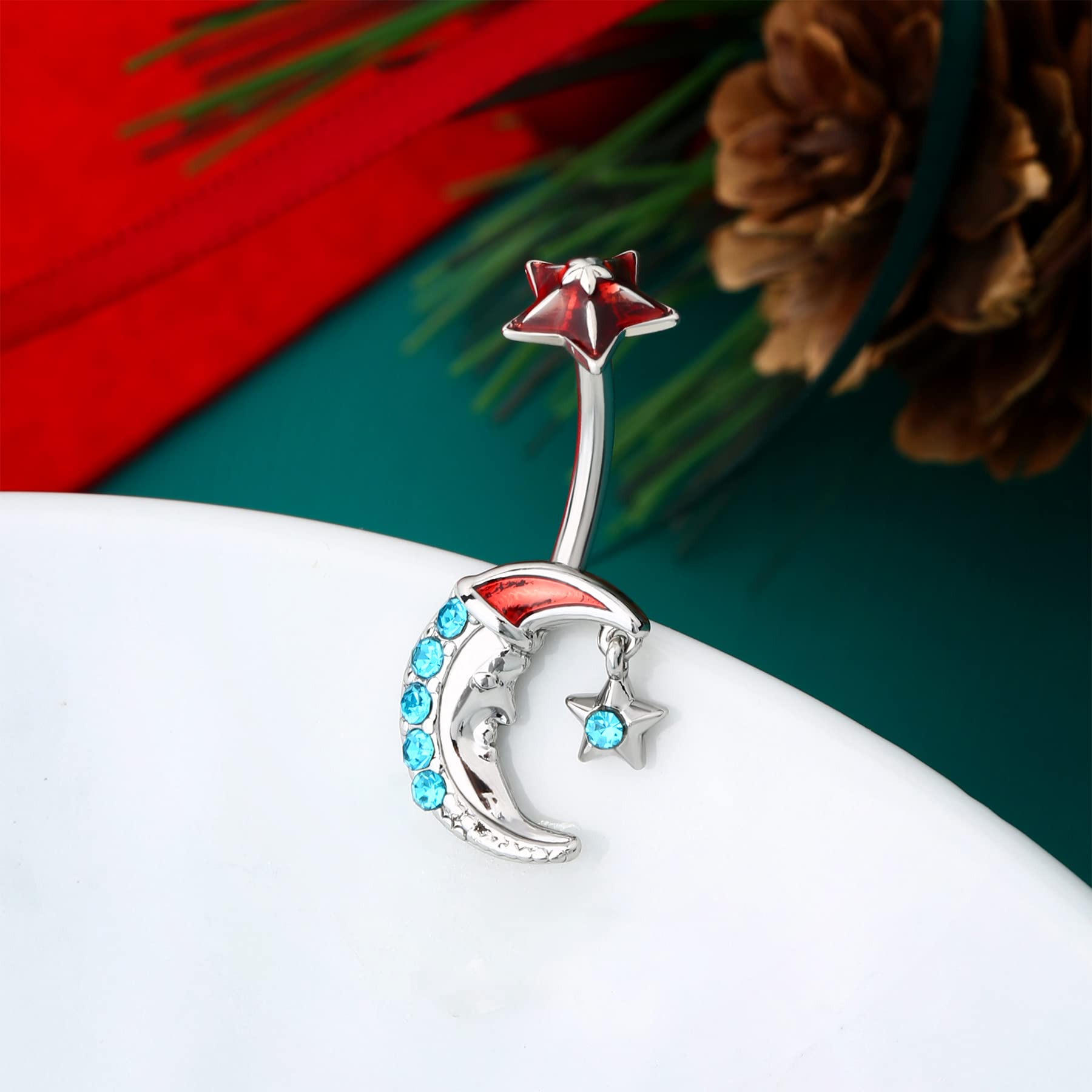 COCHARM 14g Christmas Belly Button Rings Moon Belly Rings for Women Cute Moon Belly Piercing Dainty Witch Navel Piercing Jewelry