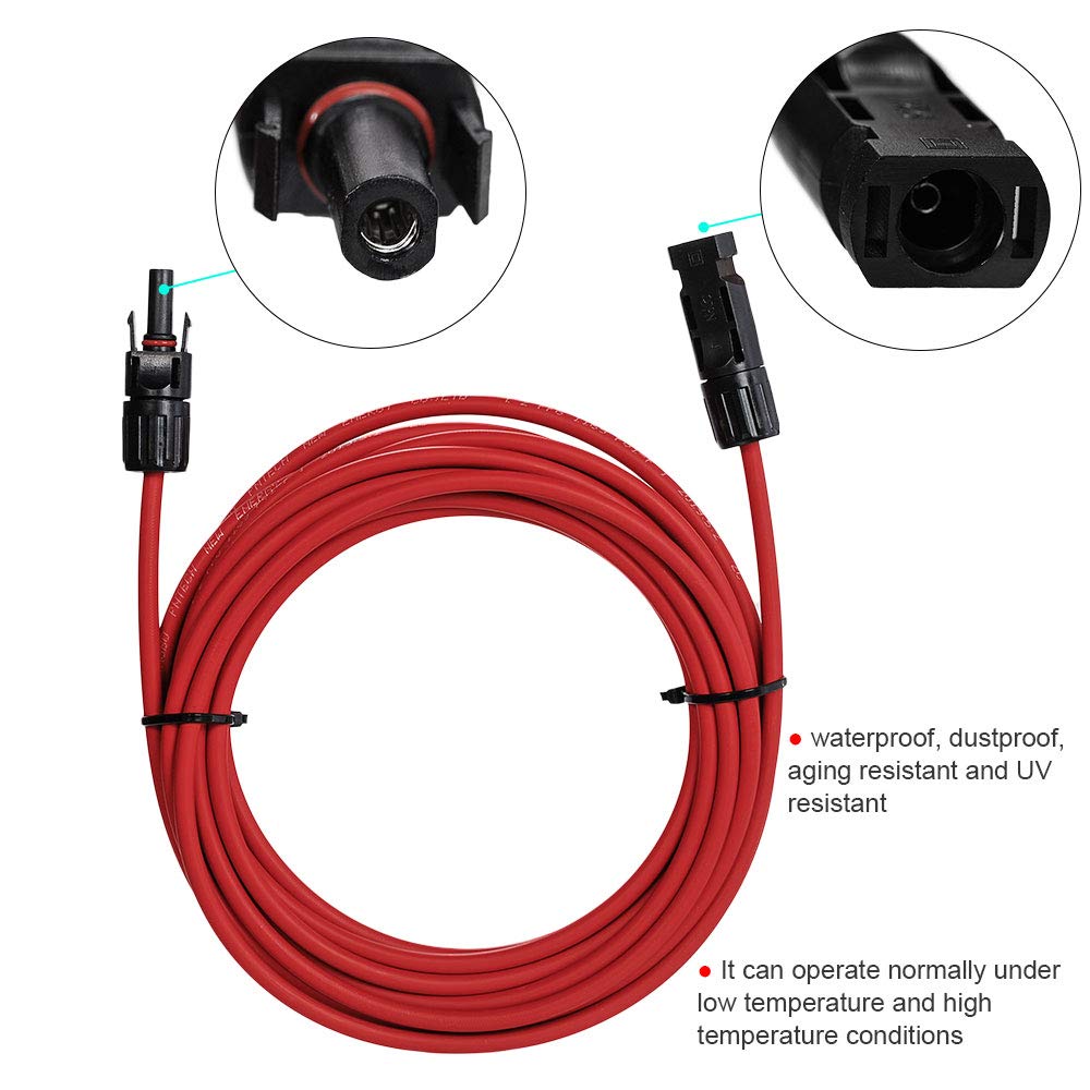 Carkio Solar Adaptor Cable,1 Pair Waterproof 12 Gauge 12AWG(4mm²) Wire 20 Feet Solar Panel Extension Cable Wire with Female and Male Connectors Compatible with Solar Panel System-Red&Black