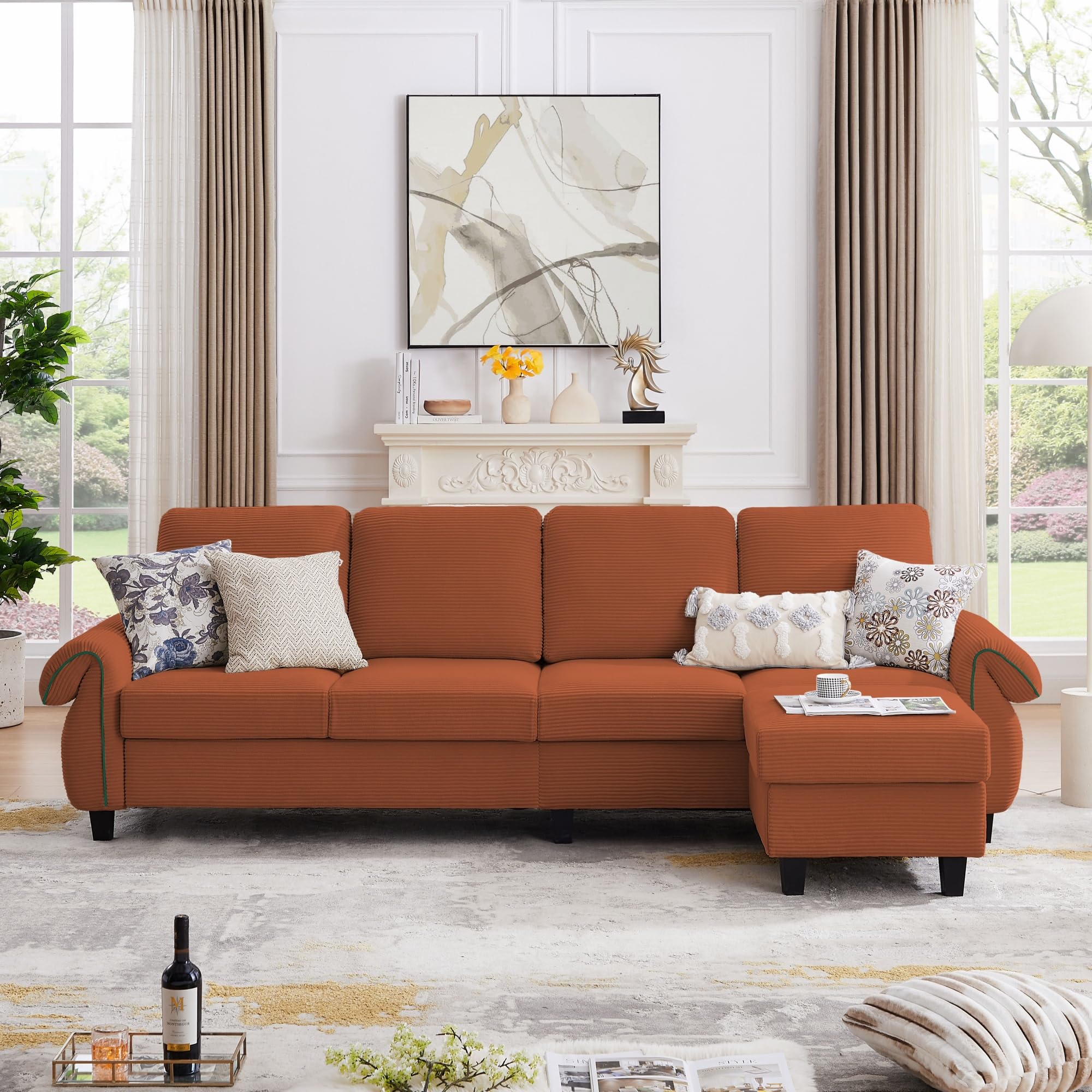 Enobala 112" Conventible Sectional Sofa, 4 Seat L Shaped Lounge Sofa Couch Set for Living Room, Orange