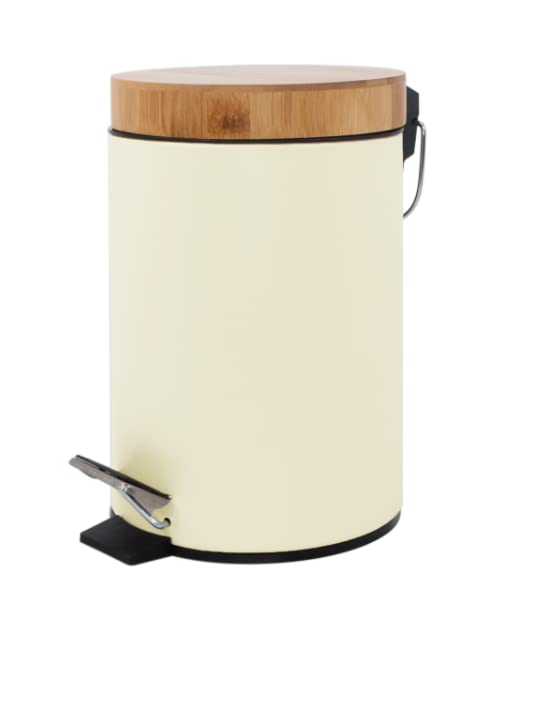 L-Line Way Small Bathroom Trash can with Pedal,Eco Friendly Bamboo lid Soft Close,0.8 Gal/3L .Beige Steel with Removable Inner bin.Strong &Anti Skid Pedal.Color Box.Unique & Boutique Style
