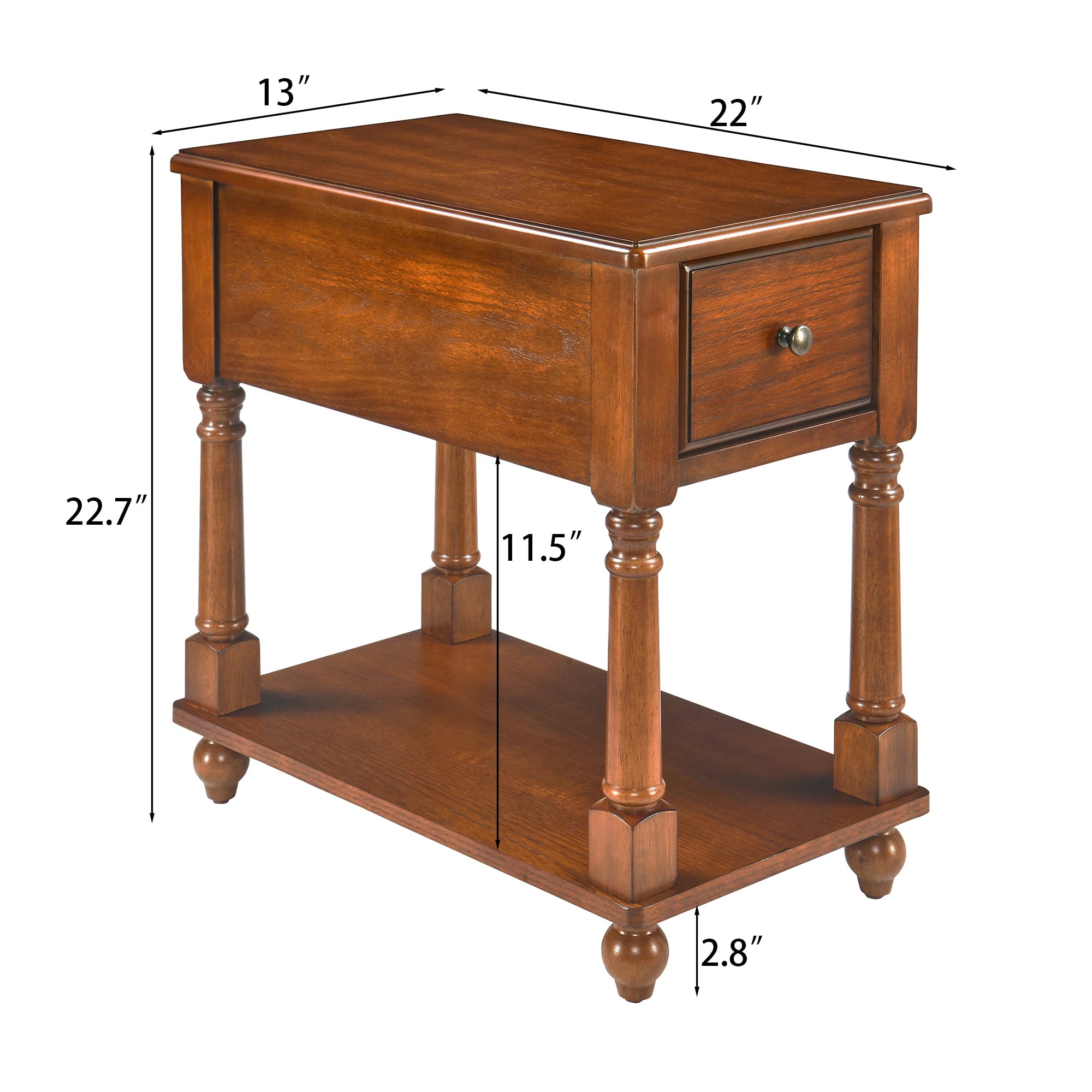 JESONVID Narrow End Table with Drawer and Shelf, Solid Wood Sofa Side Table 2-Tier Skinny Table with Storage Slim Bedside Table for Small Spaces Living Room-Cherry Brown