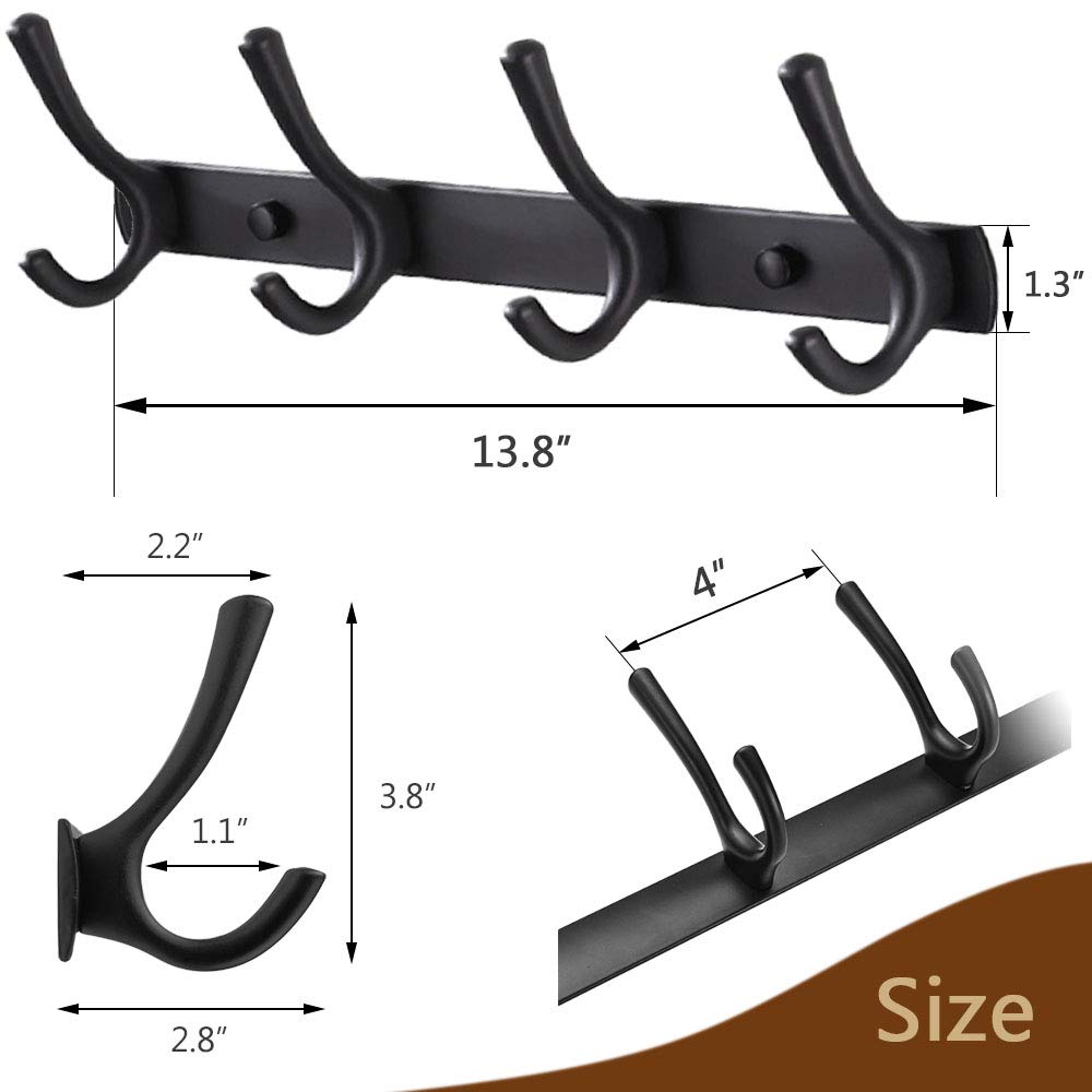Spotact Wall Mount Coat Hook 2 Packs Aluminum Alloy Dual Black Hooks Clothes Rack 13.8 x 1.3β Hanging Jackets Caps Bags Dog Leash Towels and Keys (4 Hooks(2 Packs))